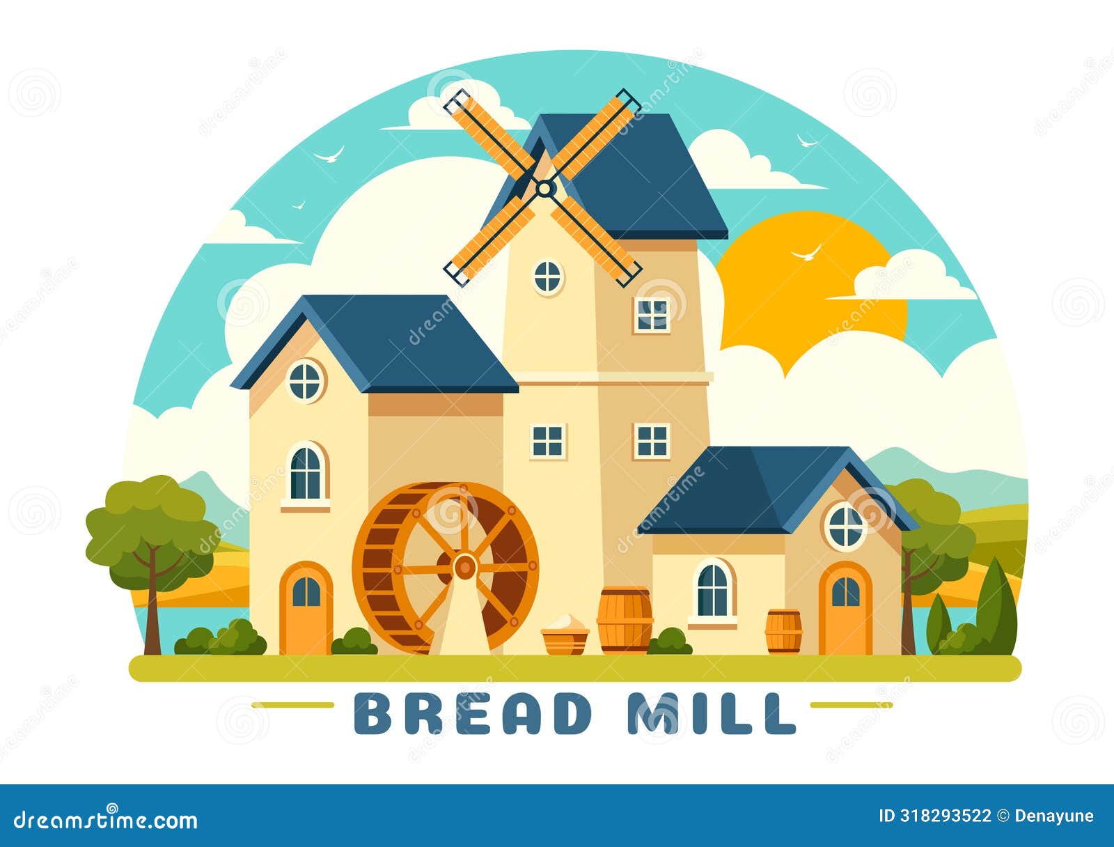 Bread Mill Vector Illustration with Wheat Sacks, Various Breads and Windmill for Product Bakery ...
