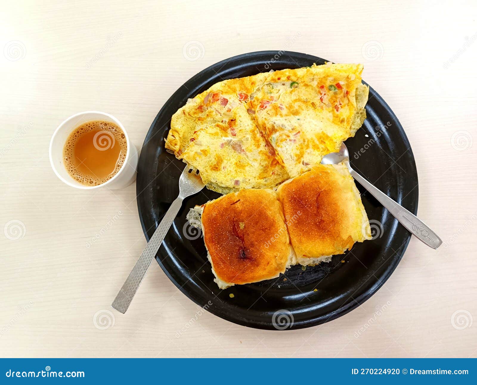 Bread, Omelette and tea stock photo. Image of breakfast - 270224920