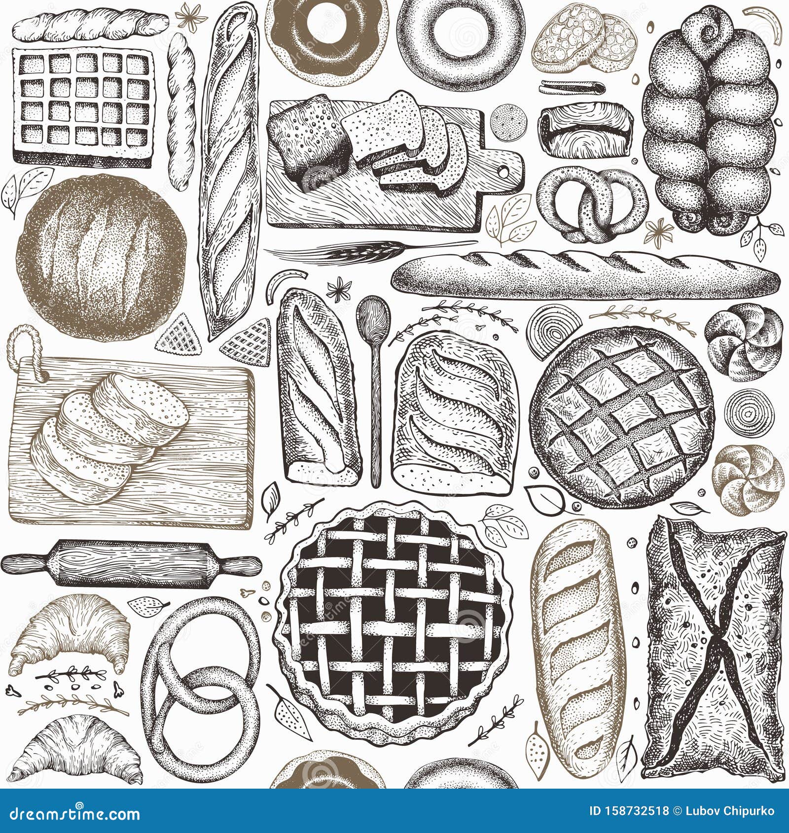 Bread and Pastry Seamless Pattern. Vector Bakery Hand Drawn ...