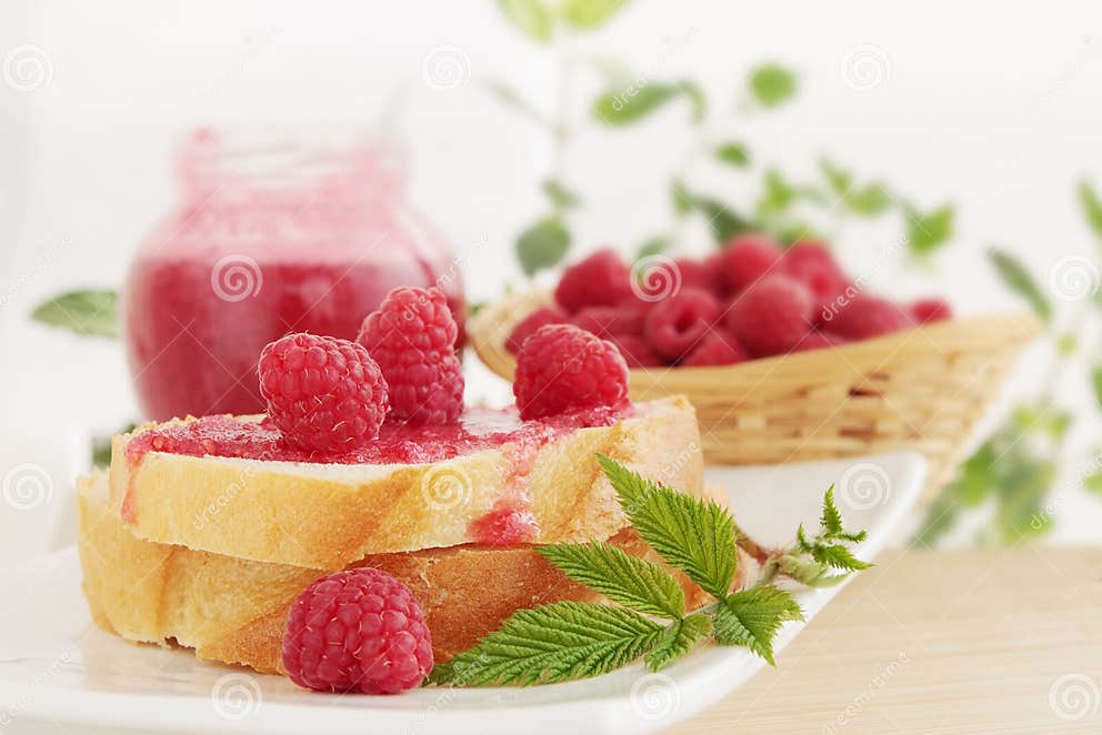 Bread with raspberry jam stock photo. Image of food, leaf - 39127246