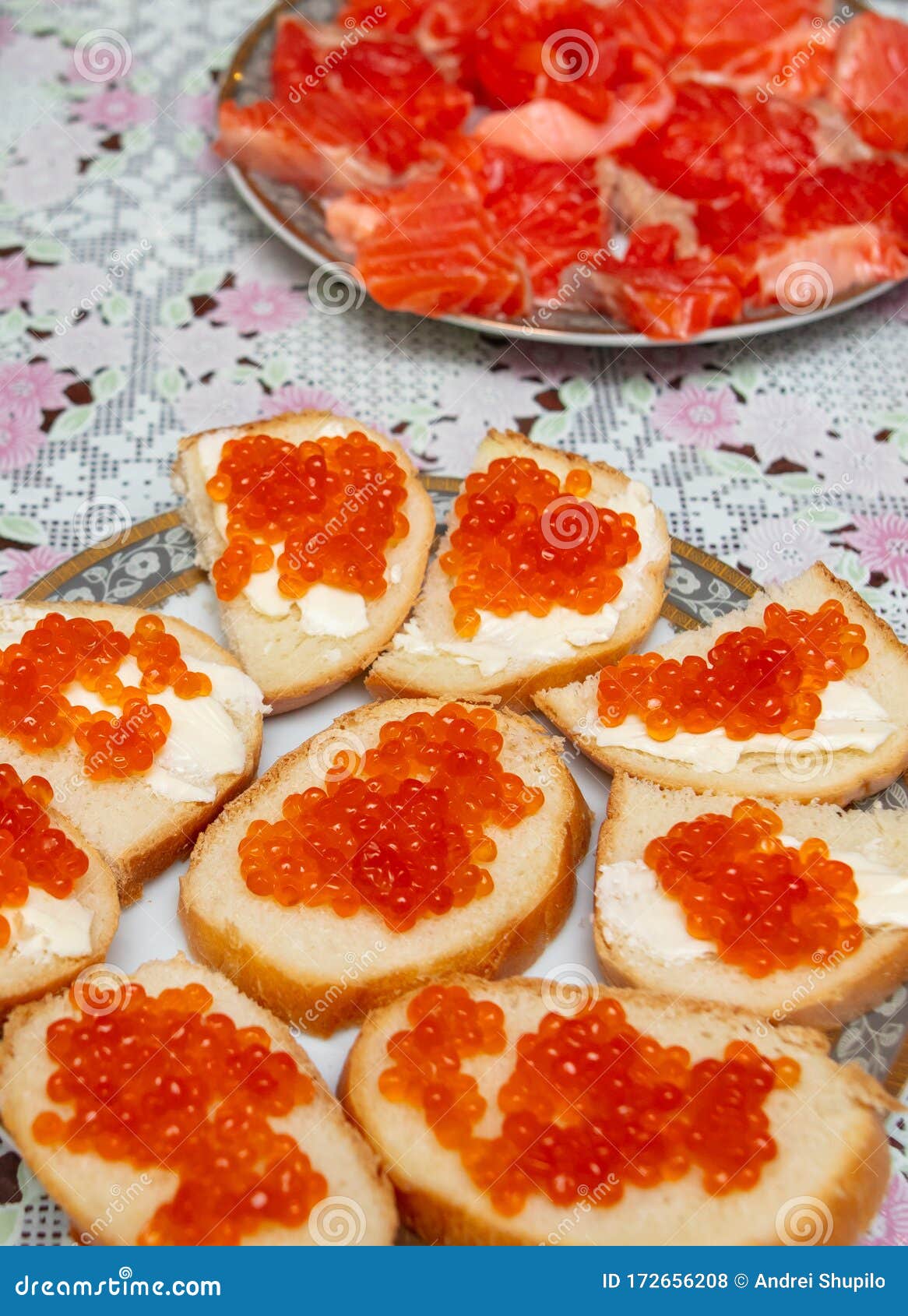 Bread with red caviar stock photo. Image of delicious - 172656208
