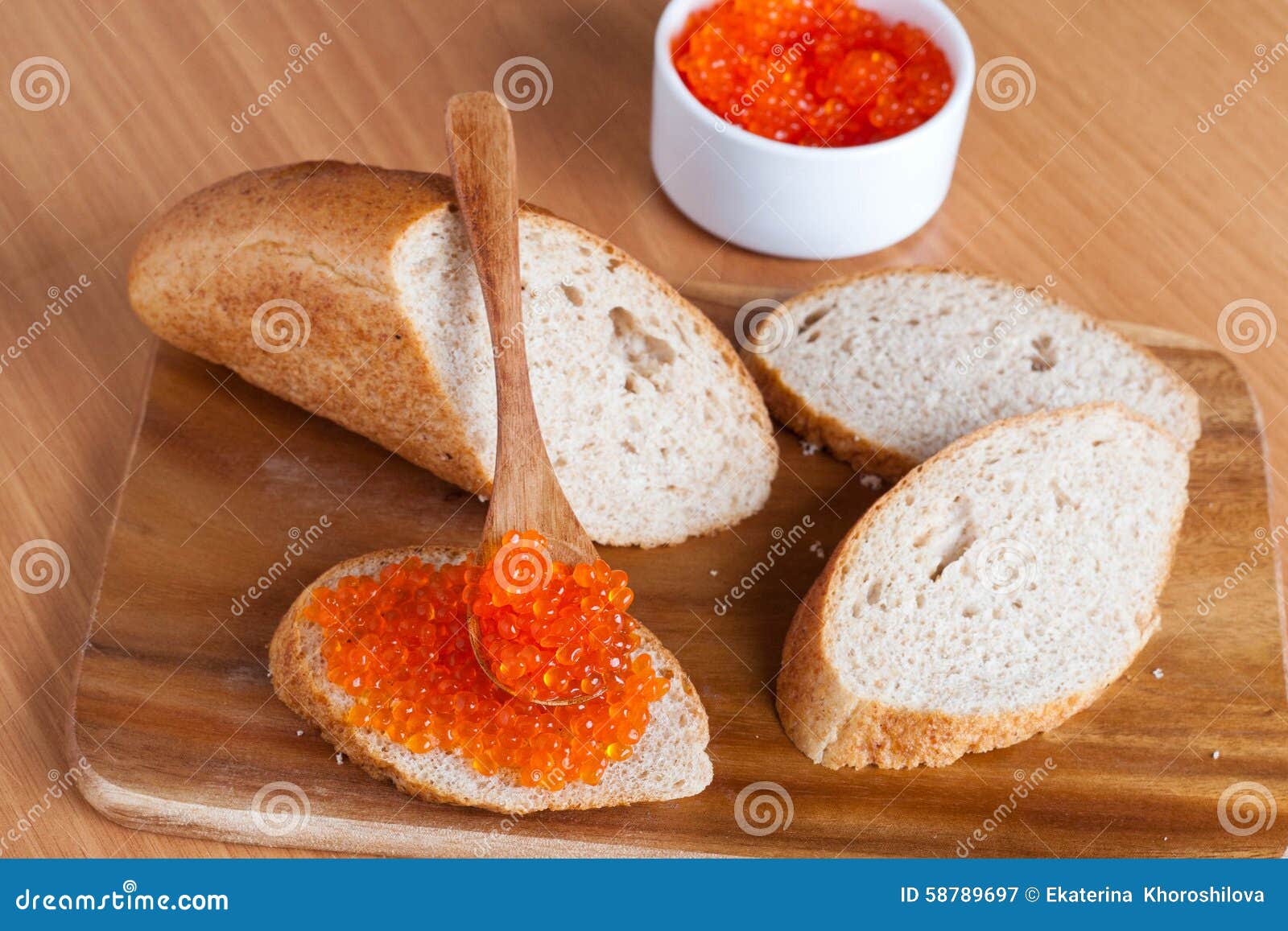 Bread with Red Caviar on a Wooden Board Stock Image - Image of salmon ...