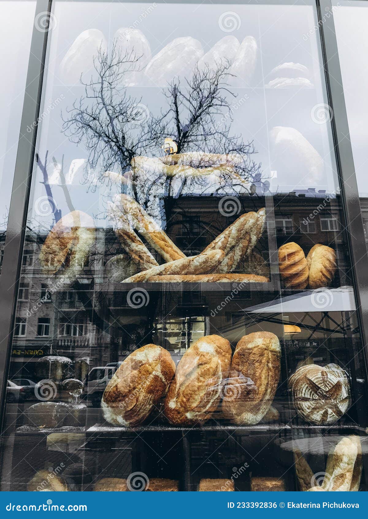 Bread in a Restaurant Window. Reflection of Trees in a Glass Window ...