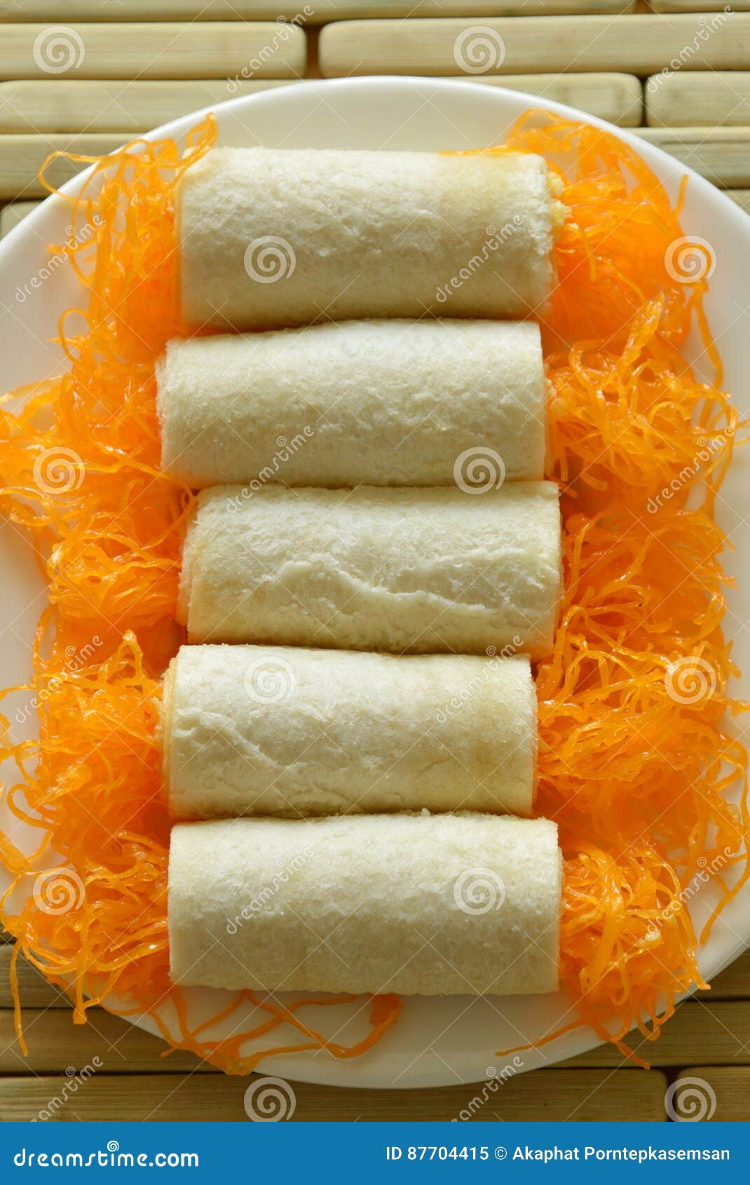 Bread Roll Golden Threads Applied Dessert on Plate Stock Image - Image ...
