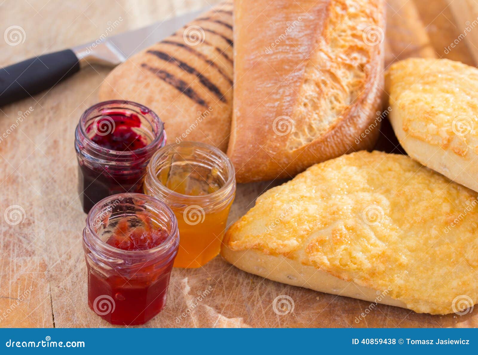 Bread-roll with Jars of Jam Stock Photo - Image of nature, grain: 40859438