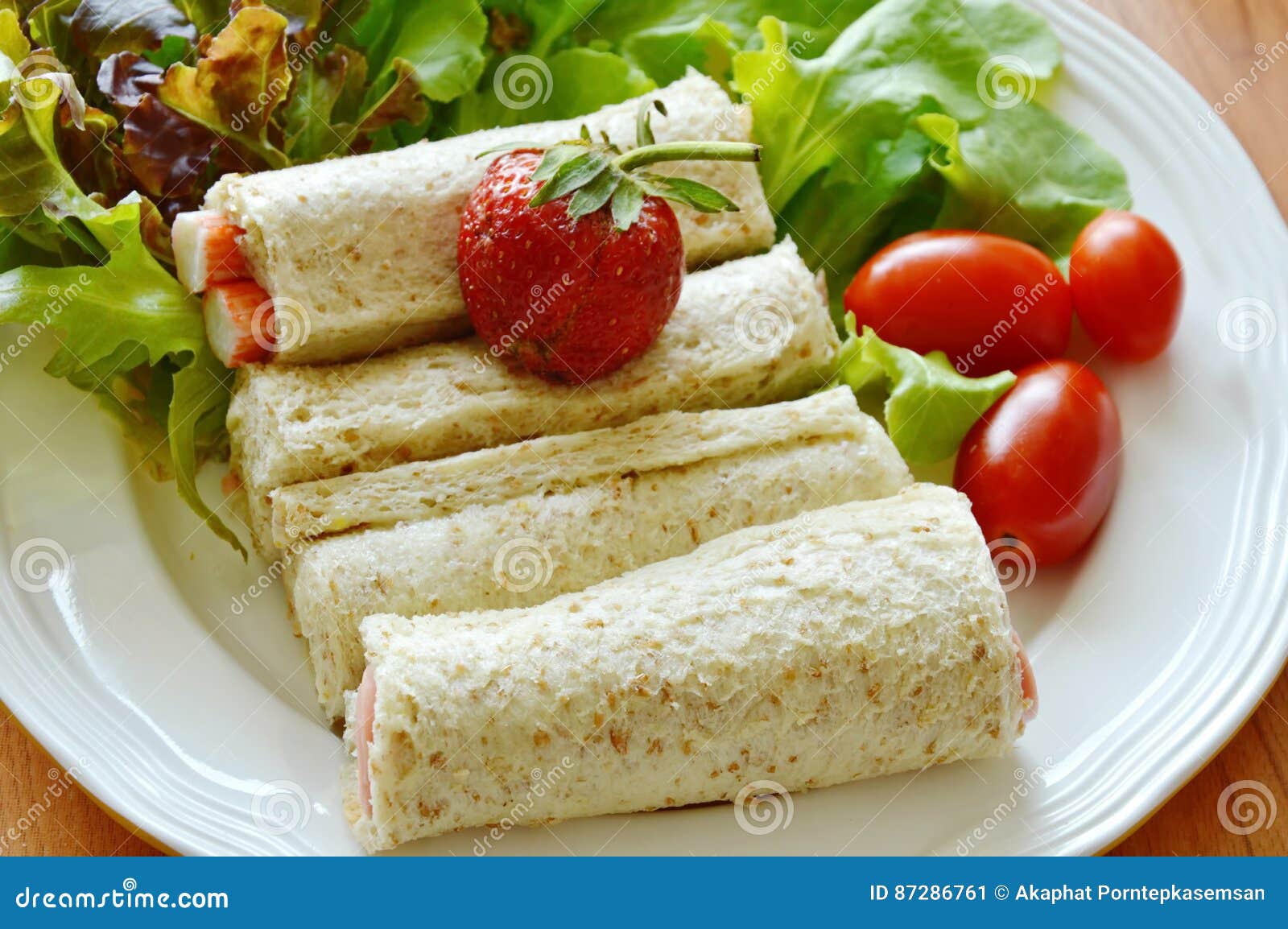 Bread Roll and Salad Topping Strawberry on Plate Stock Image - Image of ...