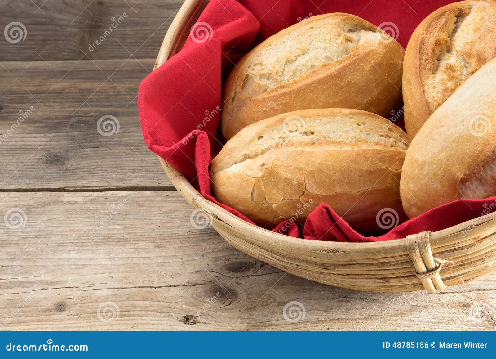 Bread Rolls in a Basket with Red Napkin on Old Wood Stock Photo - Image ...