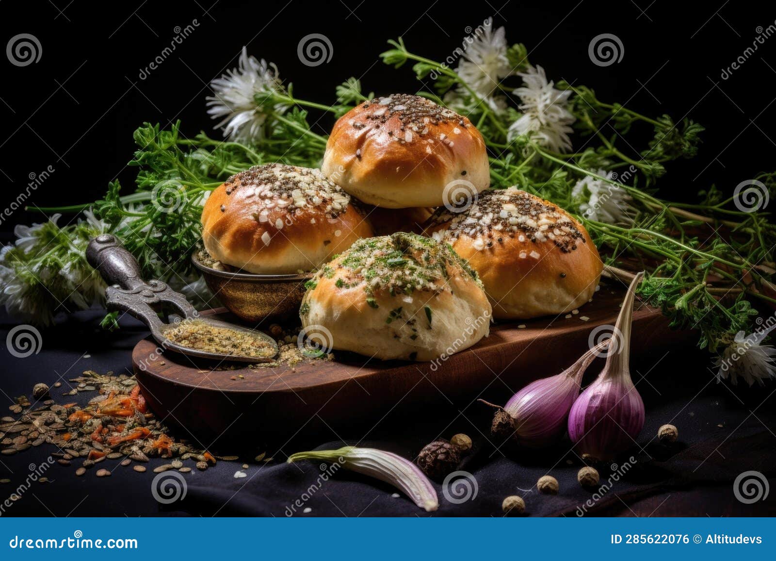 Bread Rolls with Seeds and Herbs Topping Stock Photo - Image of goods ...
