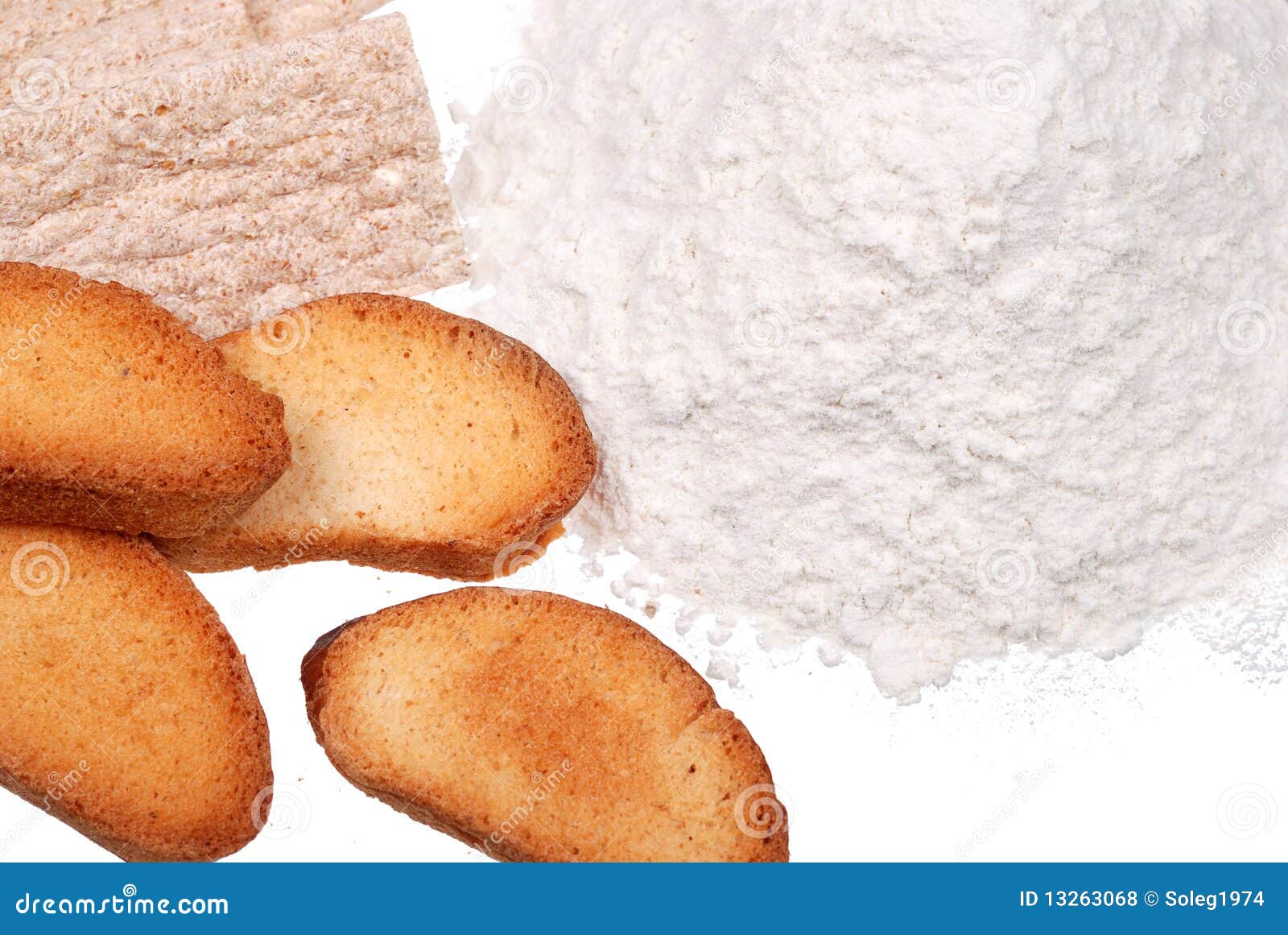 Bread, Rusk and Handful of Flour on White Stock Photo - Image of ...