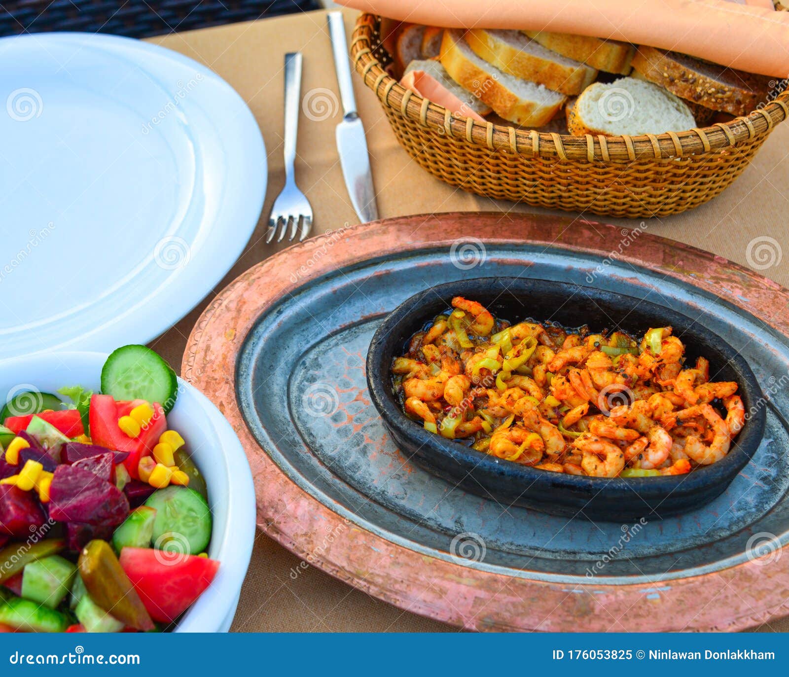 Bread with Seafood and Salad for Dinner Stock Image - Image of ...