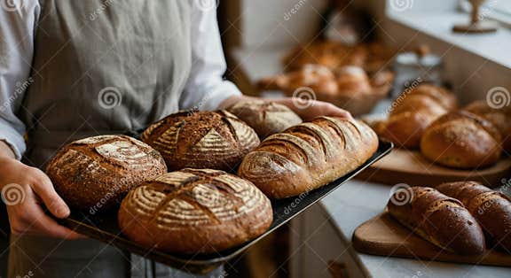 Bread Selection Displayed on Tray in Artisan Bakery Setting Stock Photo ...