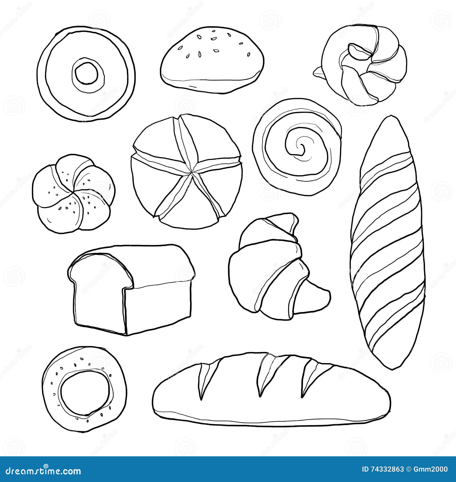 Bread Set of Hand Drawn Line Art Painting Illustration Stock ...
