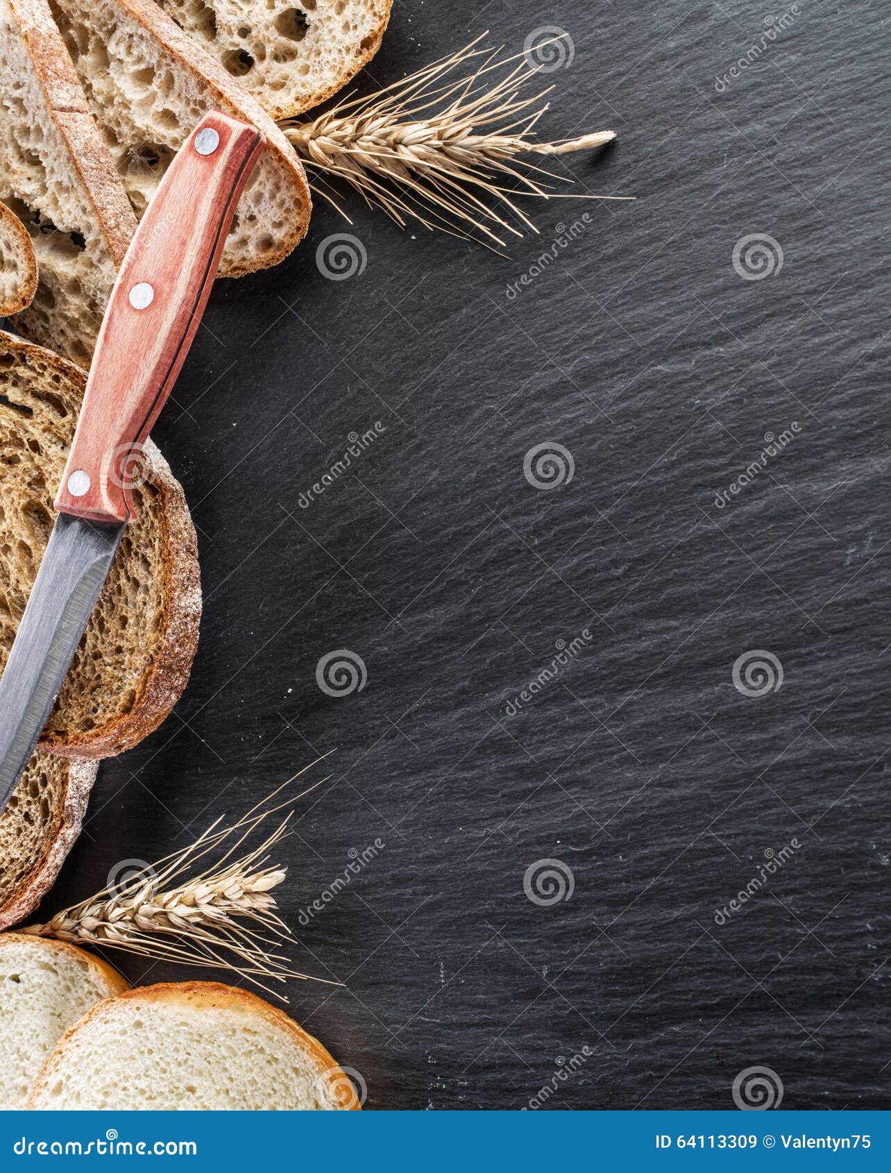 Bread Slices, a Wheat and a Knife. Stock Image - Image of desk, piece ...