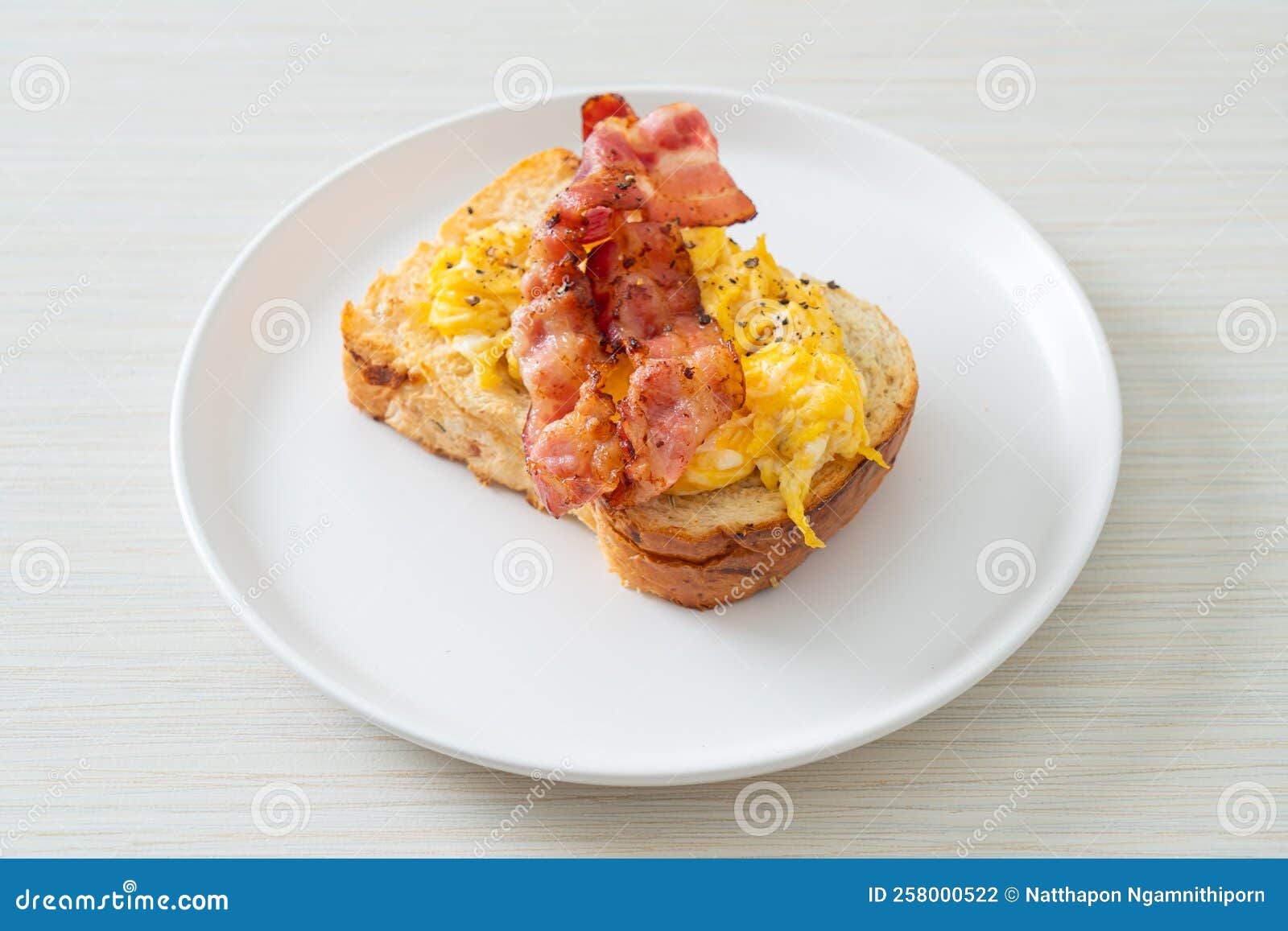 Bread Toast with Scramble Egg and Bacon Stock Photo - Image of ...