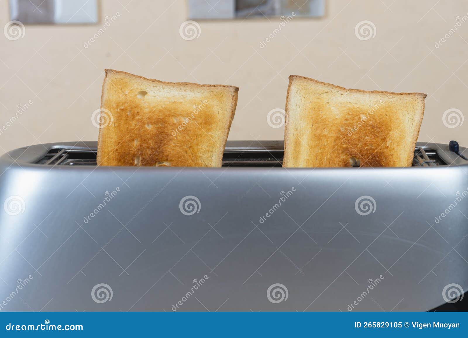 Bread in the Toaster on Wooden Desk. Kitchenware Stock Image - Image of ...