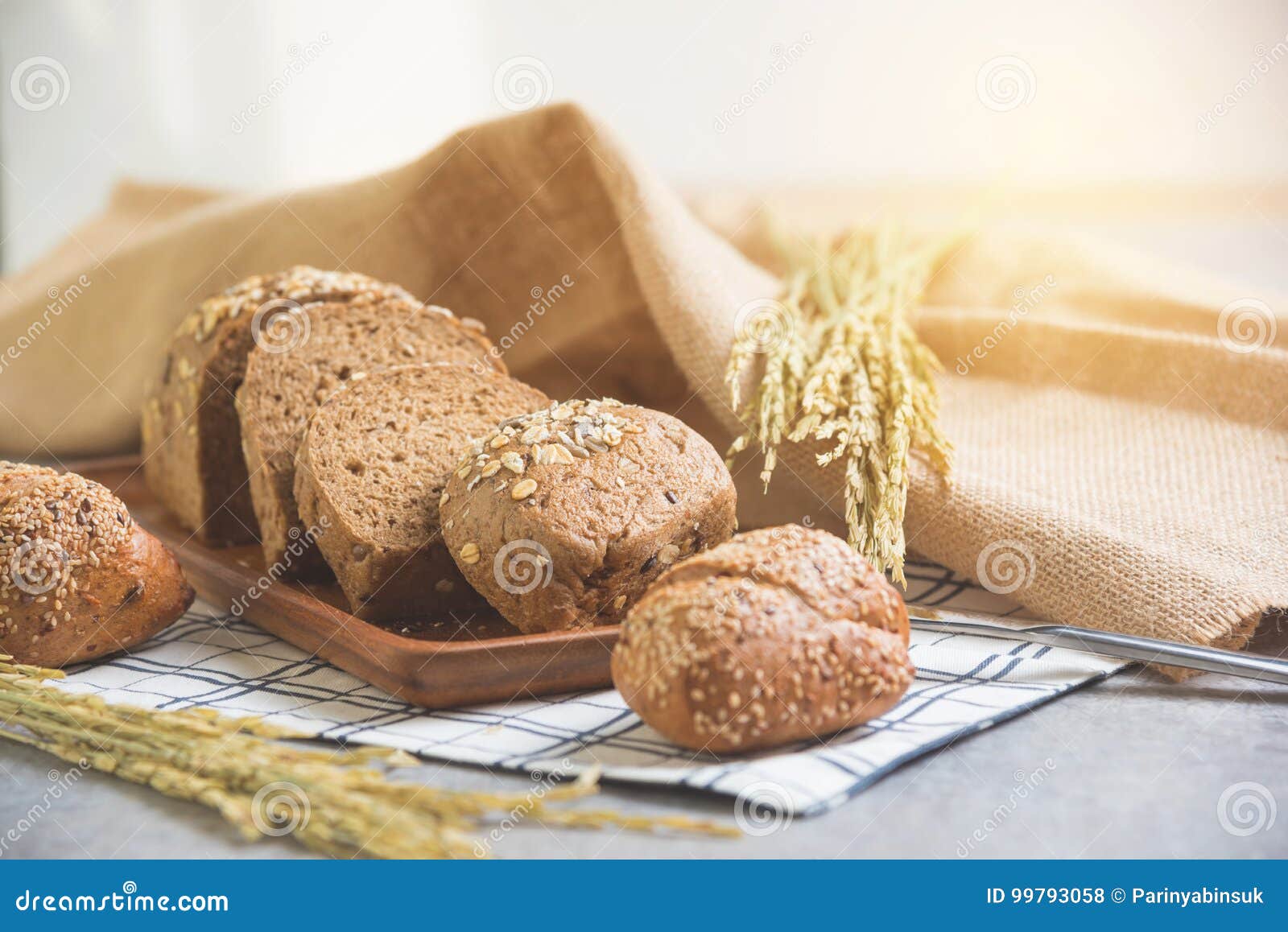Bread and Wheat on Table at Kitchen Stock Photo - Image of morning ...