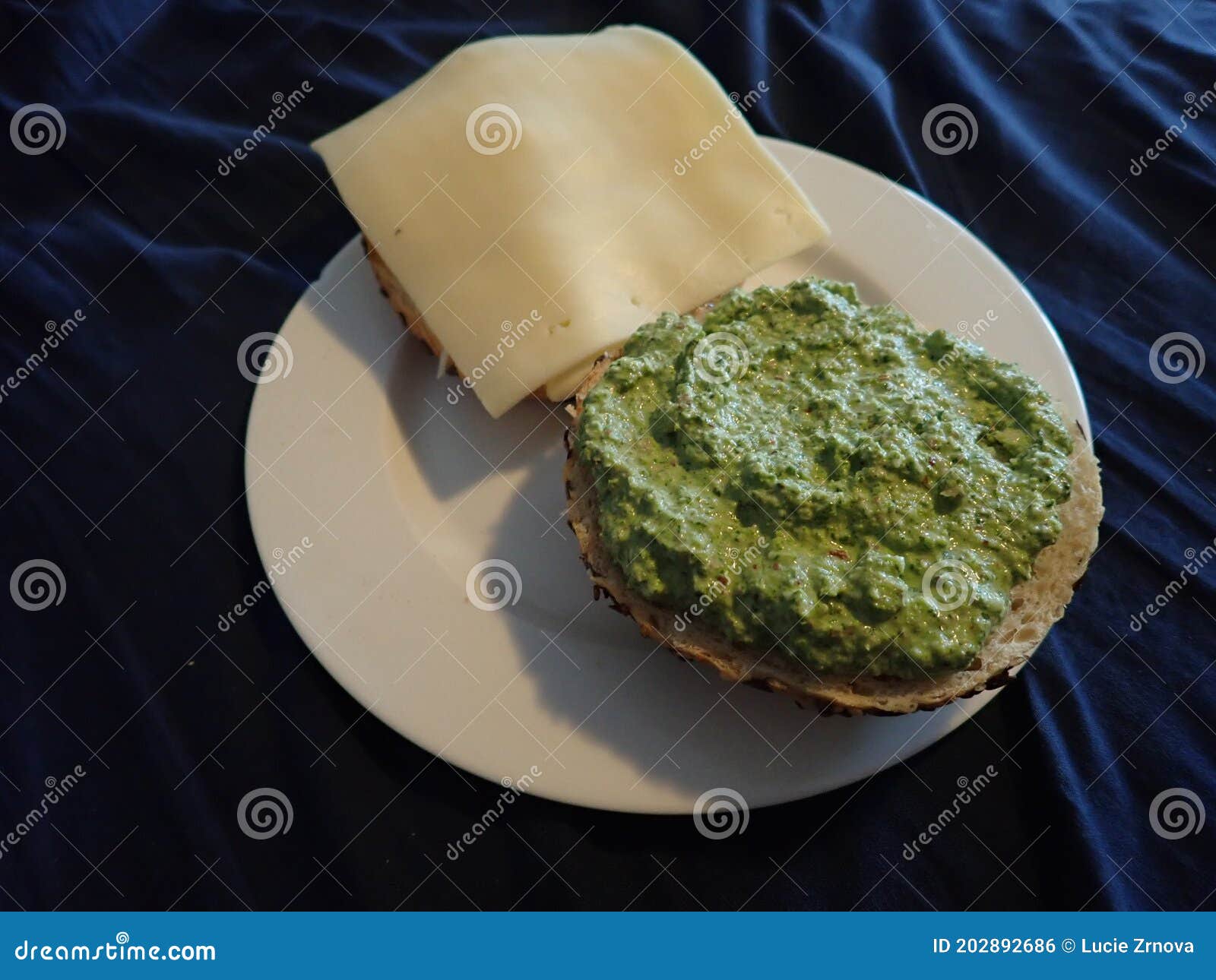 Bread Witch Cheese Slice and Green Pesto Stock Photo - Image of gourmet ...