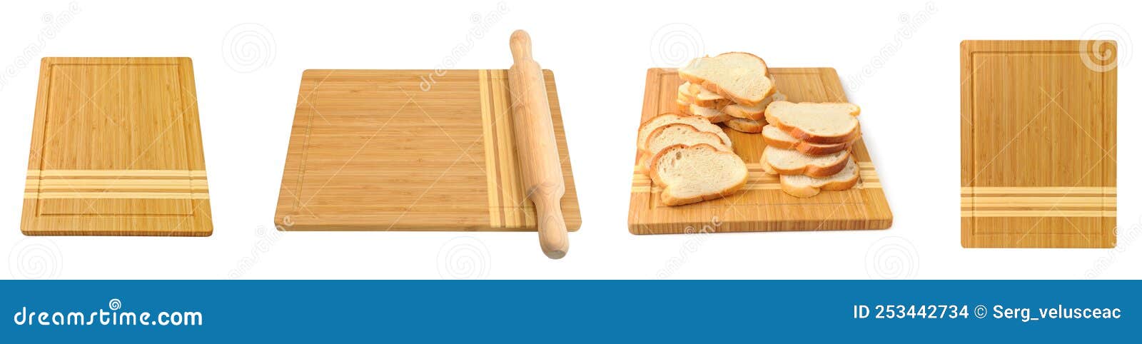 Breadboard for Cutting Bread, Rolling Pin and Sliced Bread Isolated on ...