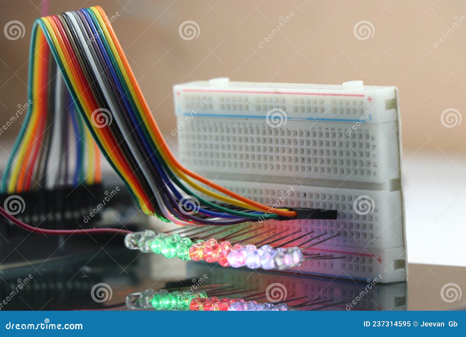 Breadboard with Glowing Lights from LED with Reflections on the Glass ...