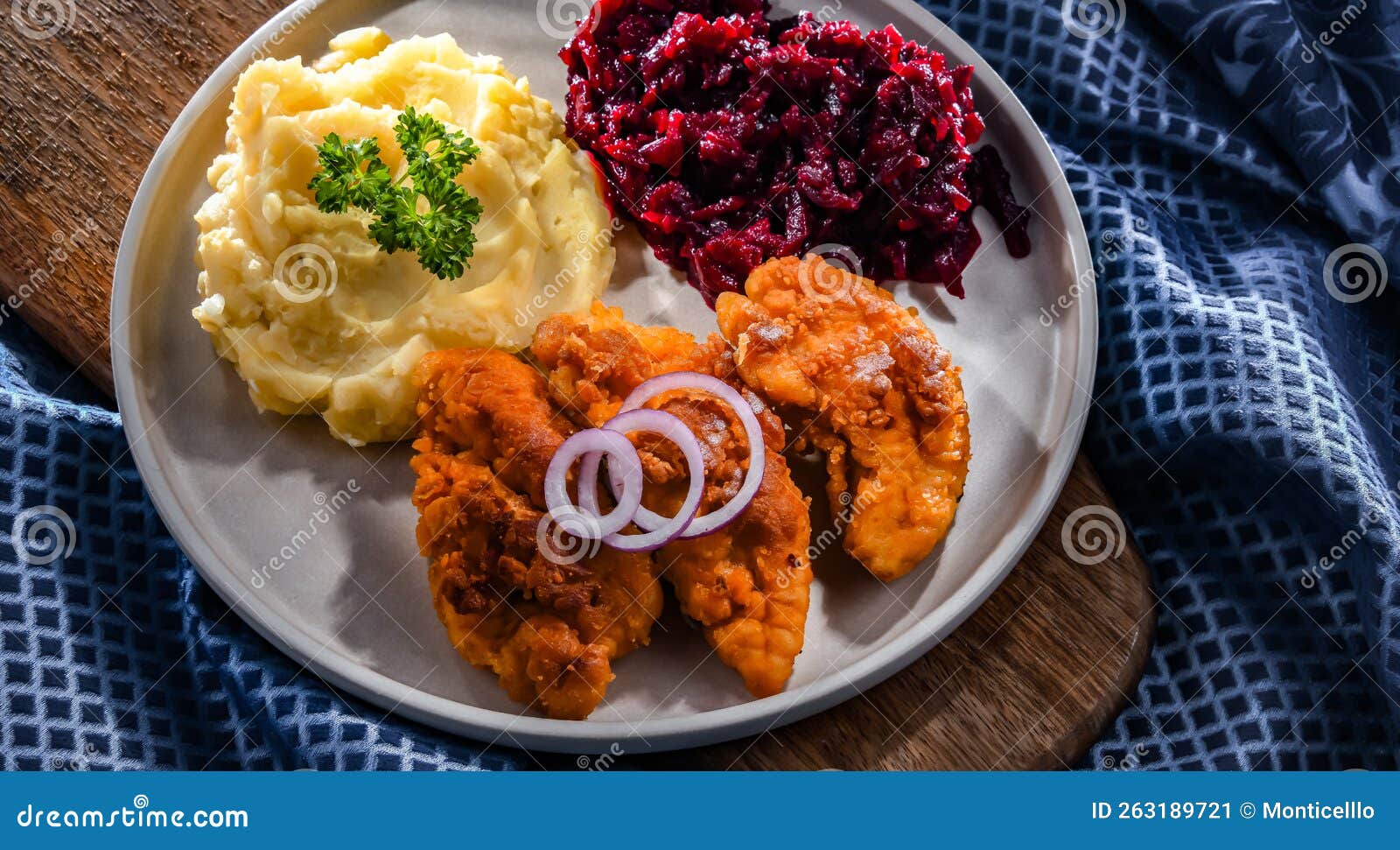 Breaded Chicken Cutlets Served with Potatoes and Beetroot Stock Image ...