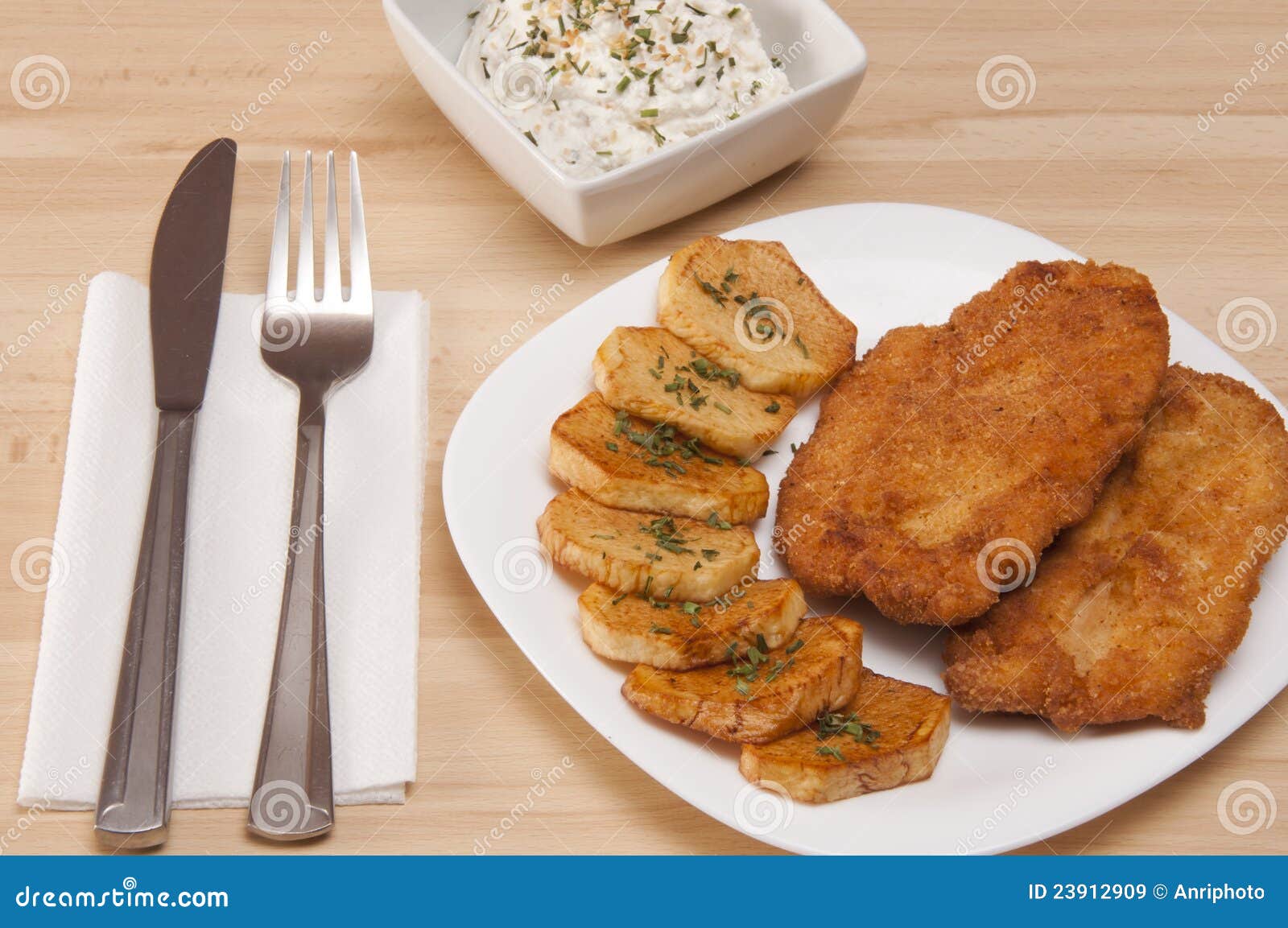 Breaded chicken fillet stock image. Image of silverware - 23912909