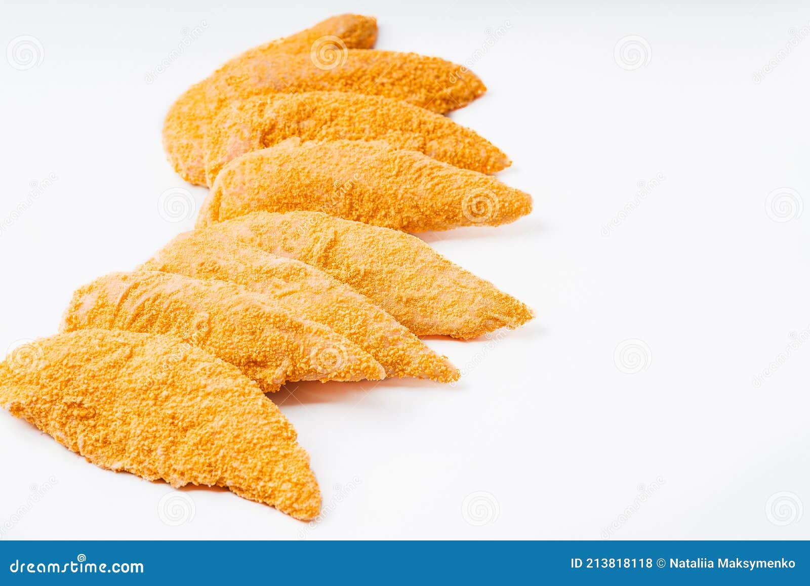 Breaded Chicken Inner Fillet on a White Background, Chicken Breaded Raw ...