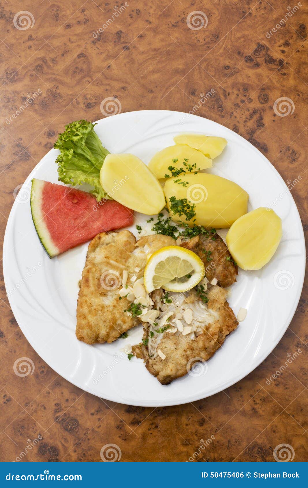 Breaded Coalfish Fillet with Boiled Potatoes Stock Photo - Image of ...