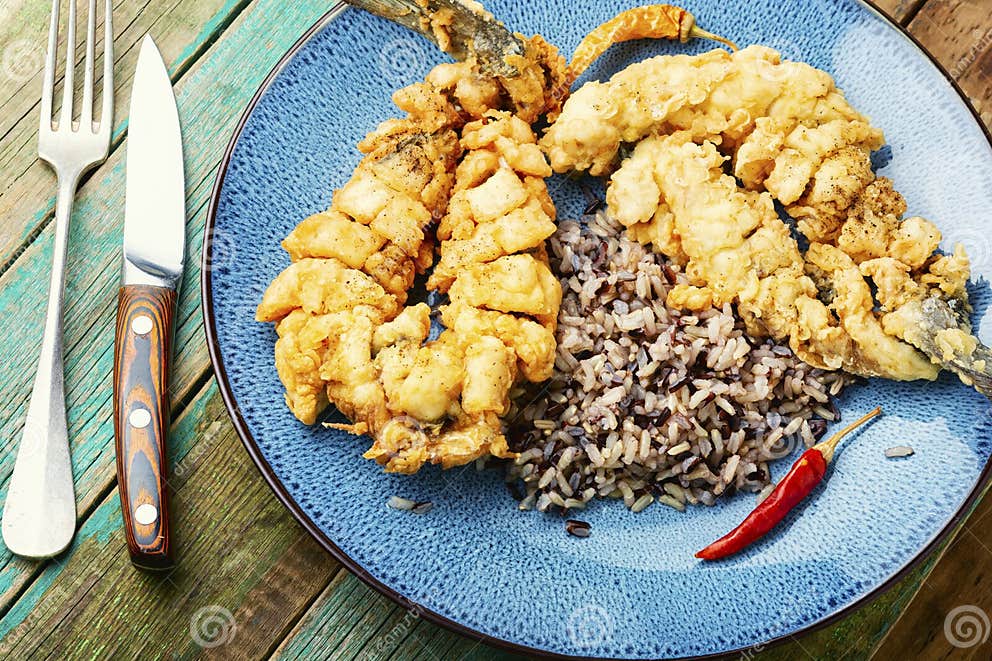 Breaded Fish and Boiled Rice Stock Photo - Image of lunch, diet: 279431142
