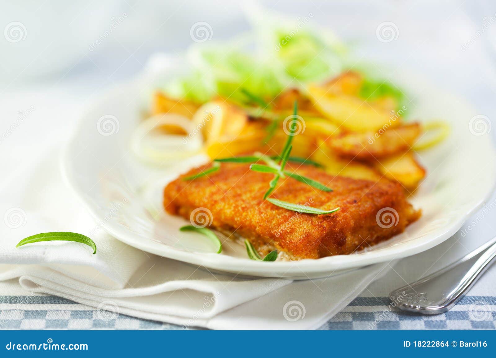 Breaded Fish Fillet Wih Baked Potatoes Stock Photo - Image of calories ...