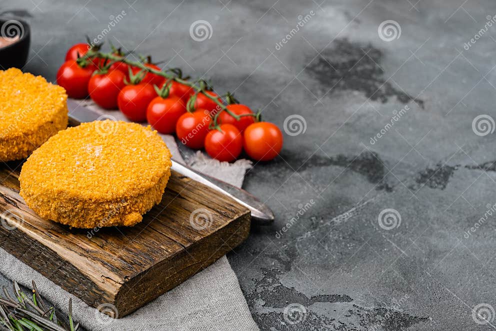 Breaded Fish Patties, on Gray Stone Table Background, with Copy Space ...