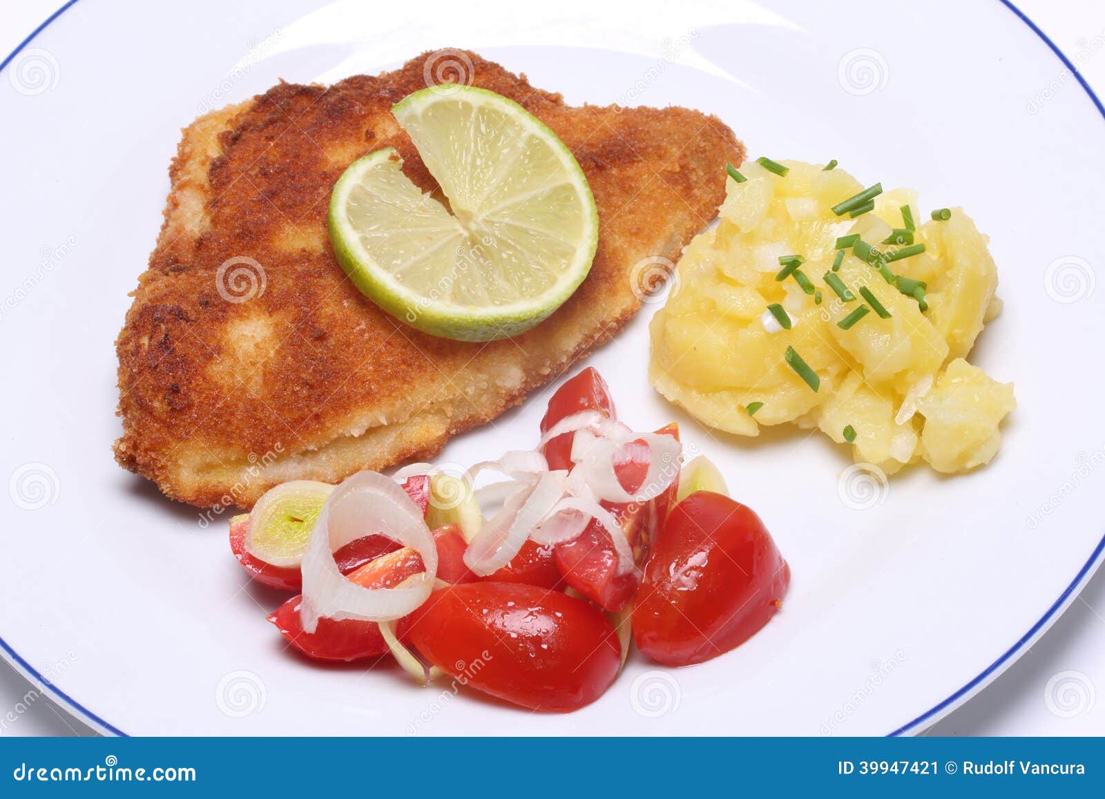 Breaded Fish and Potato Salad Stock Image - Image of chopped, tomatoes ...