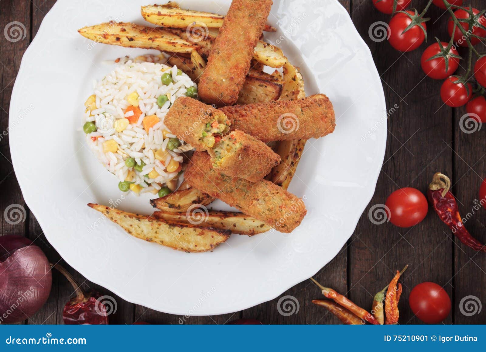 Breaded Veggie Sticks with Cooked Rice Stock Image - Image of cooked ...