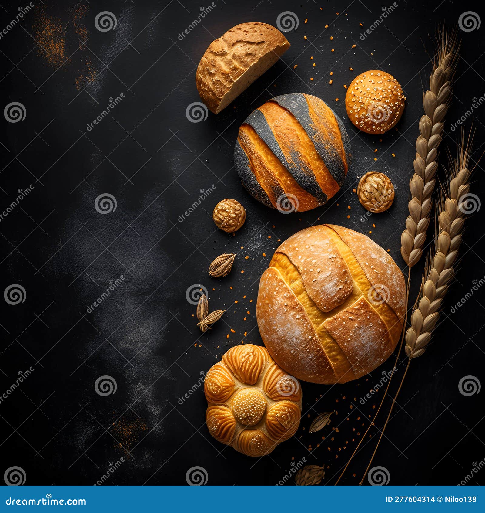 Breads Buns, Pastries and Wheat Ears on Dark Black Background, Top View ...