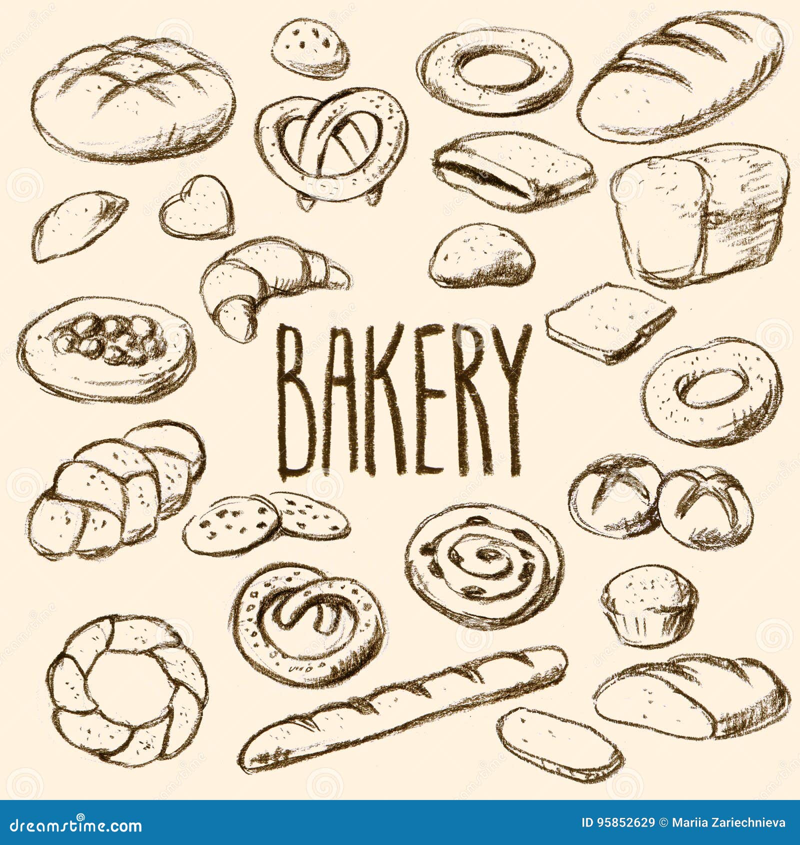 Breads and Pastries Hand Drawn Set Stock Illustration - Illustration of ...