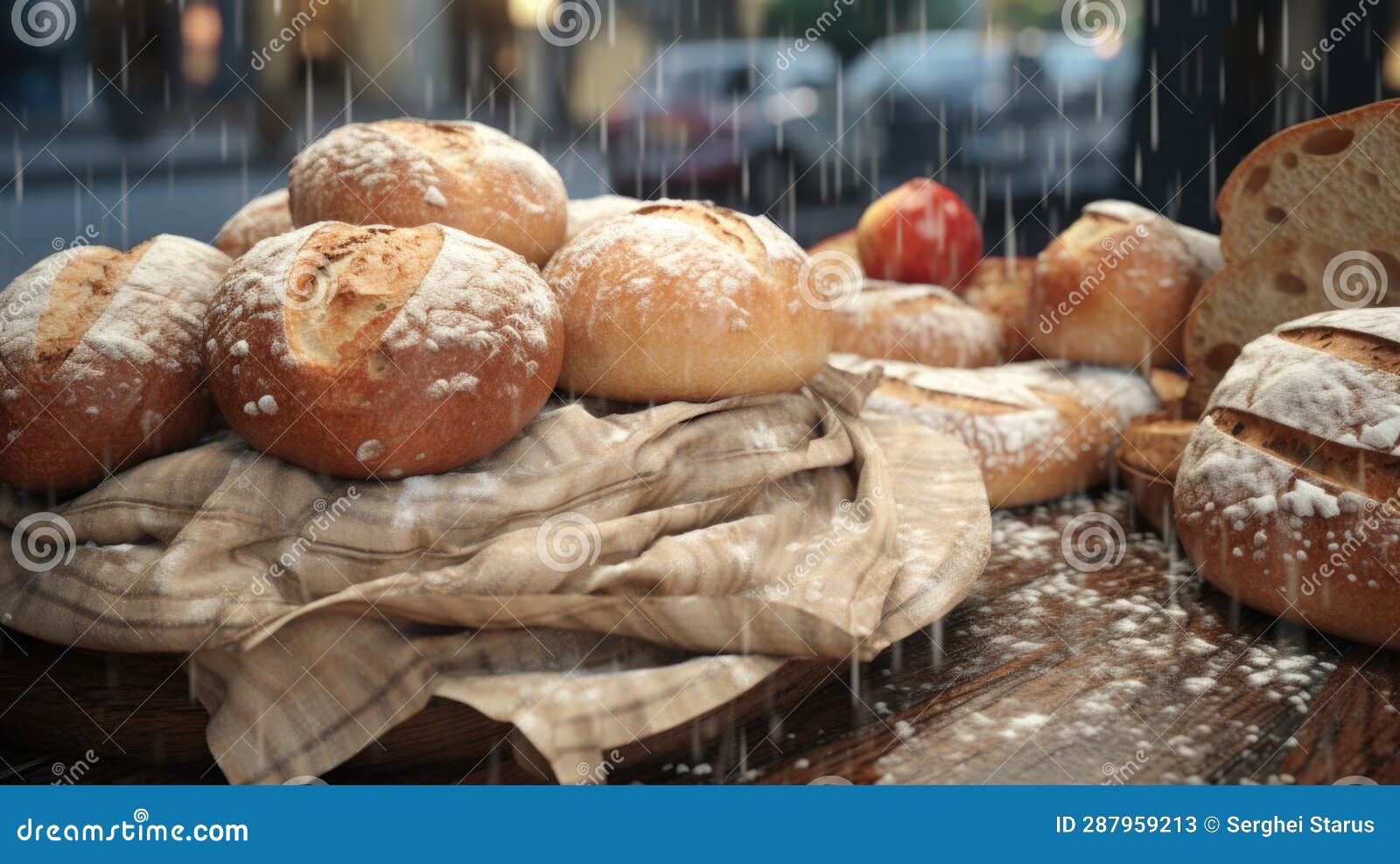 Many Breads on a Table in the Rain. AI Stock Illustration ...