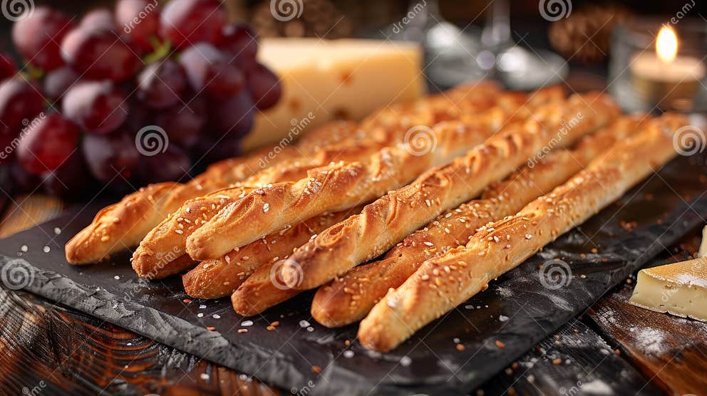 Breadsticks, Cheese, and Grapes on a Table. Stock Image - Image of ...