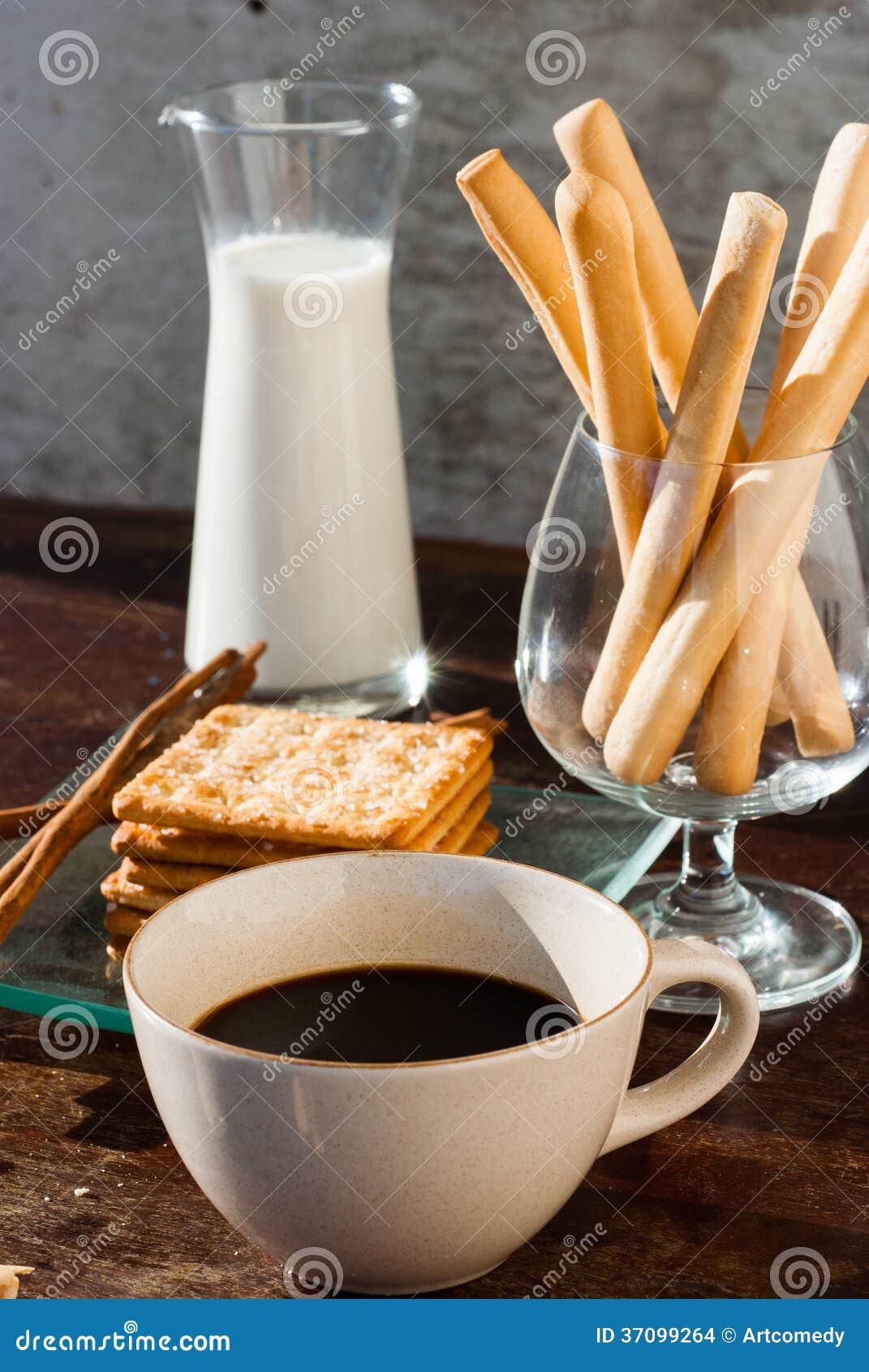Breadsticks ,milk and Biscuits with Black Coffee in the Morning. Stock ...