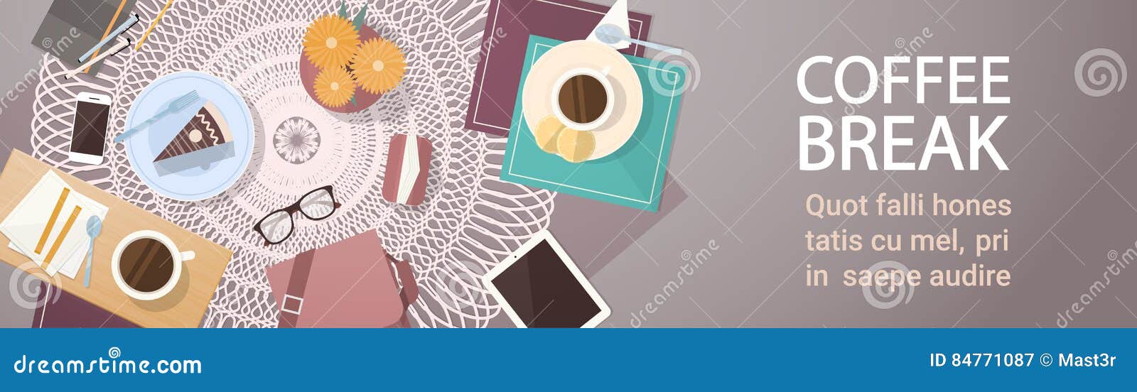 Break Coffee Cup Cake Table Top Angle View Banner Vector Illustration ...