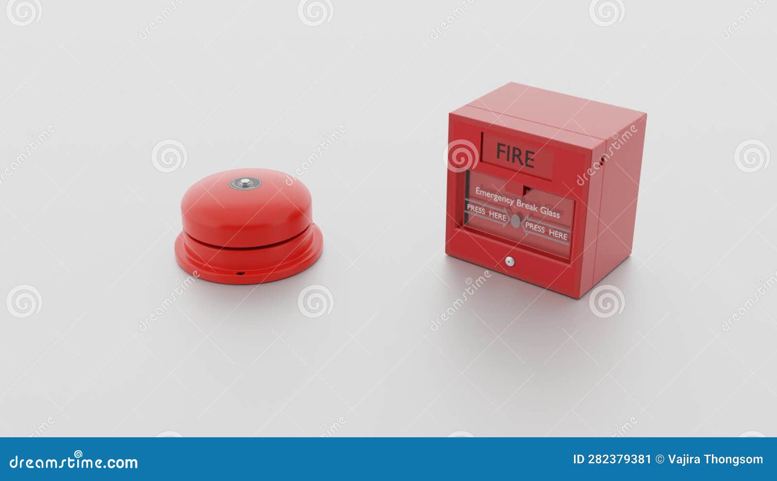 Break Glass Fire Alarm and Fire Alarm Bell, 3d Rendering Illustration ...