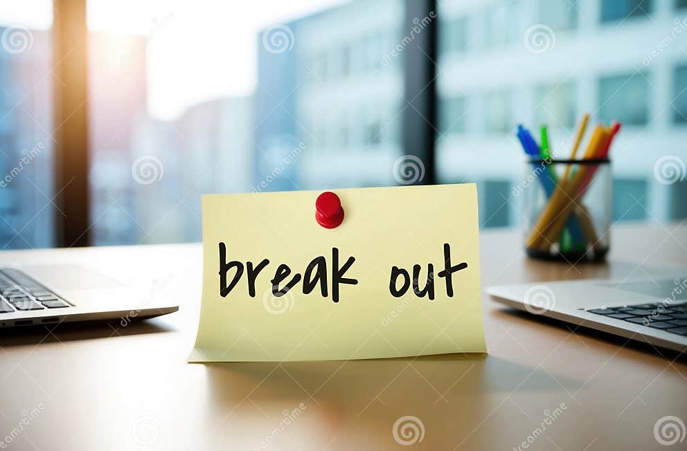 Break Out Text Words Phrase on a Sticker on the Office Desk Stock ...