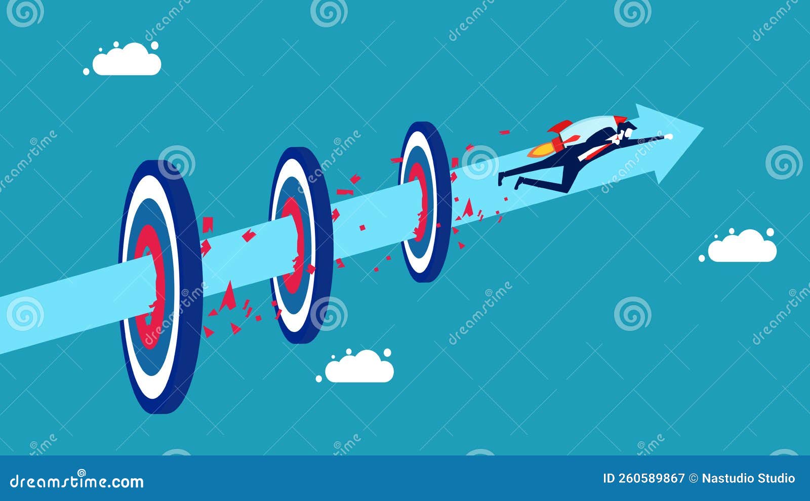 Break Records and Achieve Goals. Businessman Flying with Rocket Hitting ...