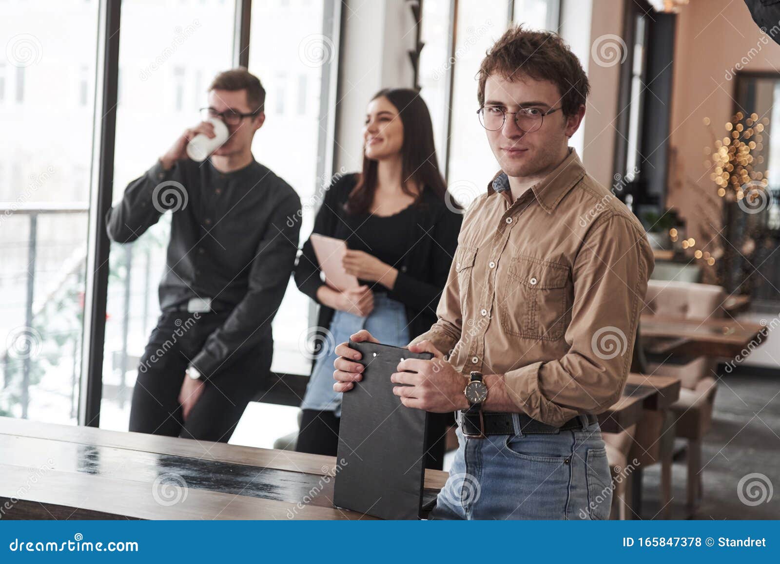 Break Time. Group of Students in Eyewear Standing in the Learning Room ...