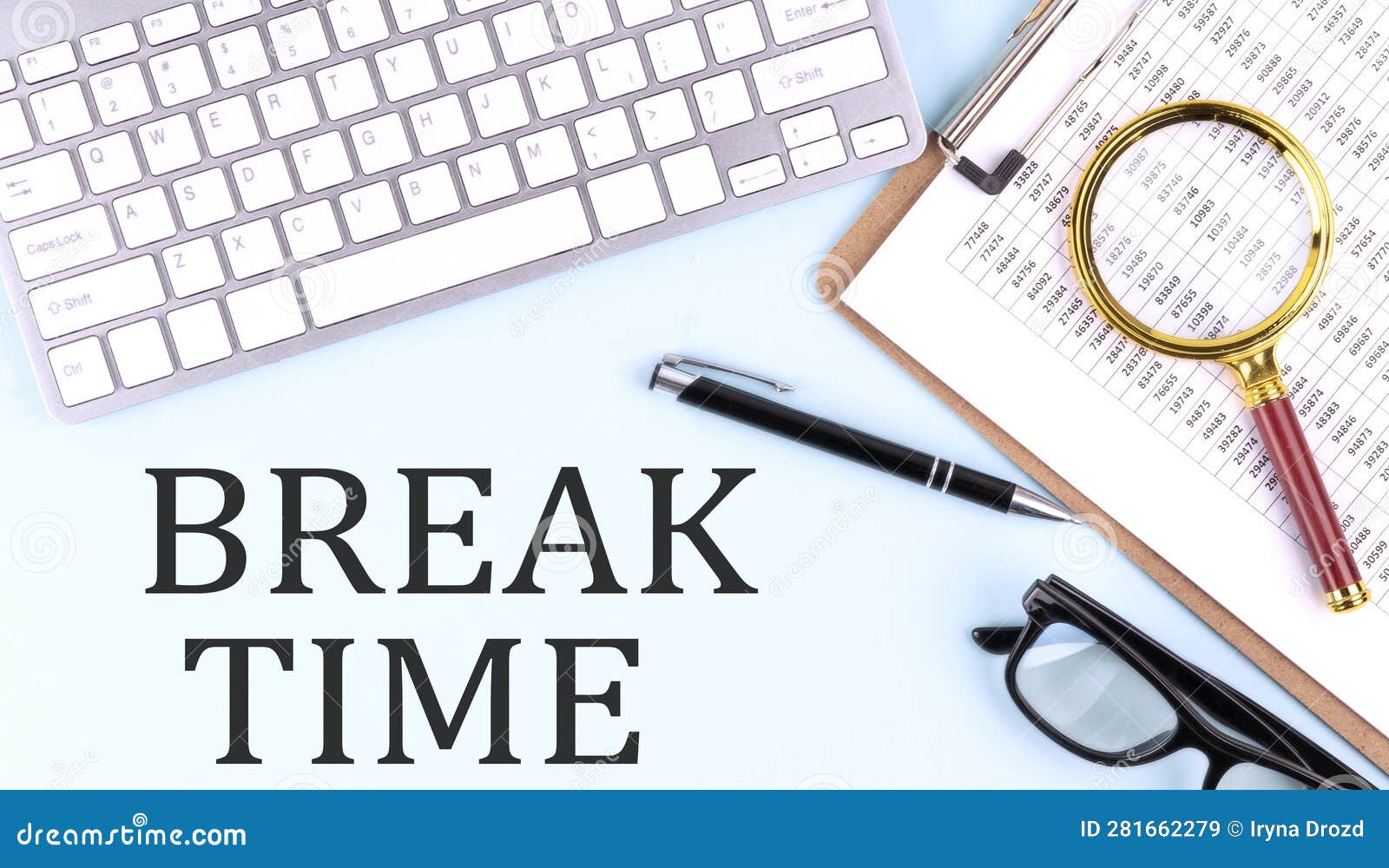 BREAK TIME Text on Blue Background with Keyboard and Clipboard ...