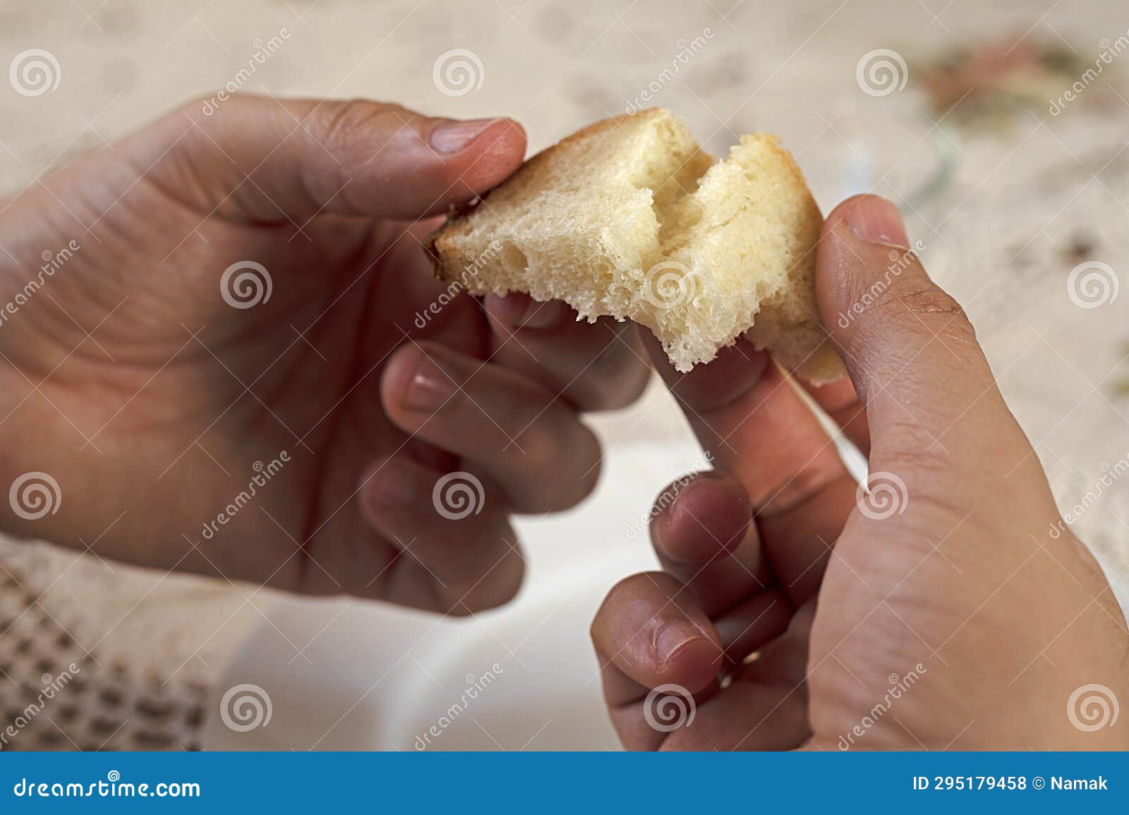 Break in Your Hands a Small Piece of White Sourdough Bread Made from ...