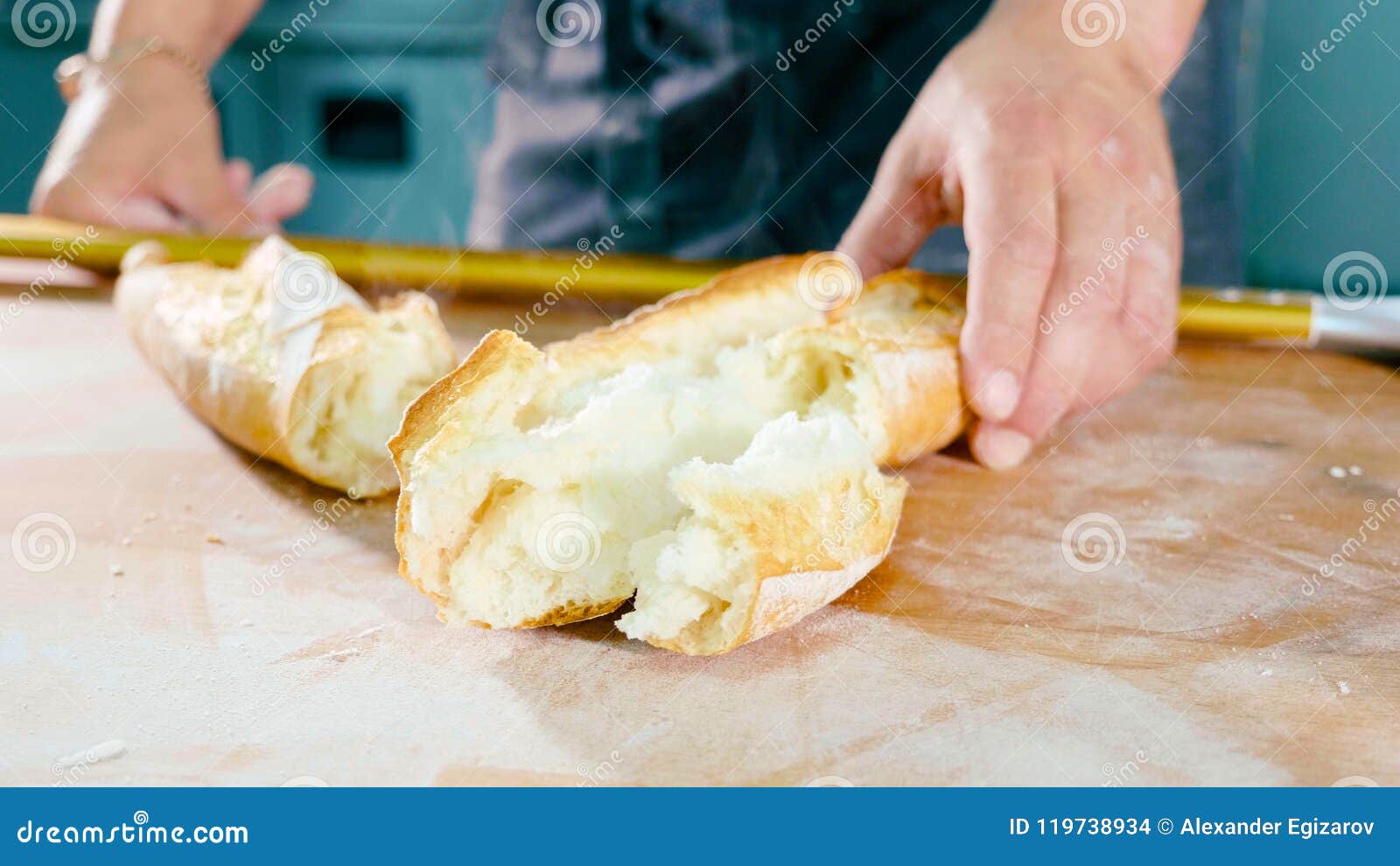 Breaked Fresh Bread on the Table at Commercial Kitchen of Bakery. Stock ...