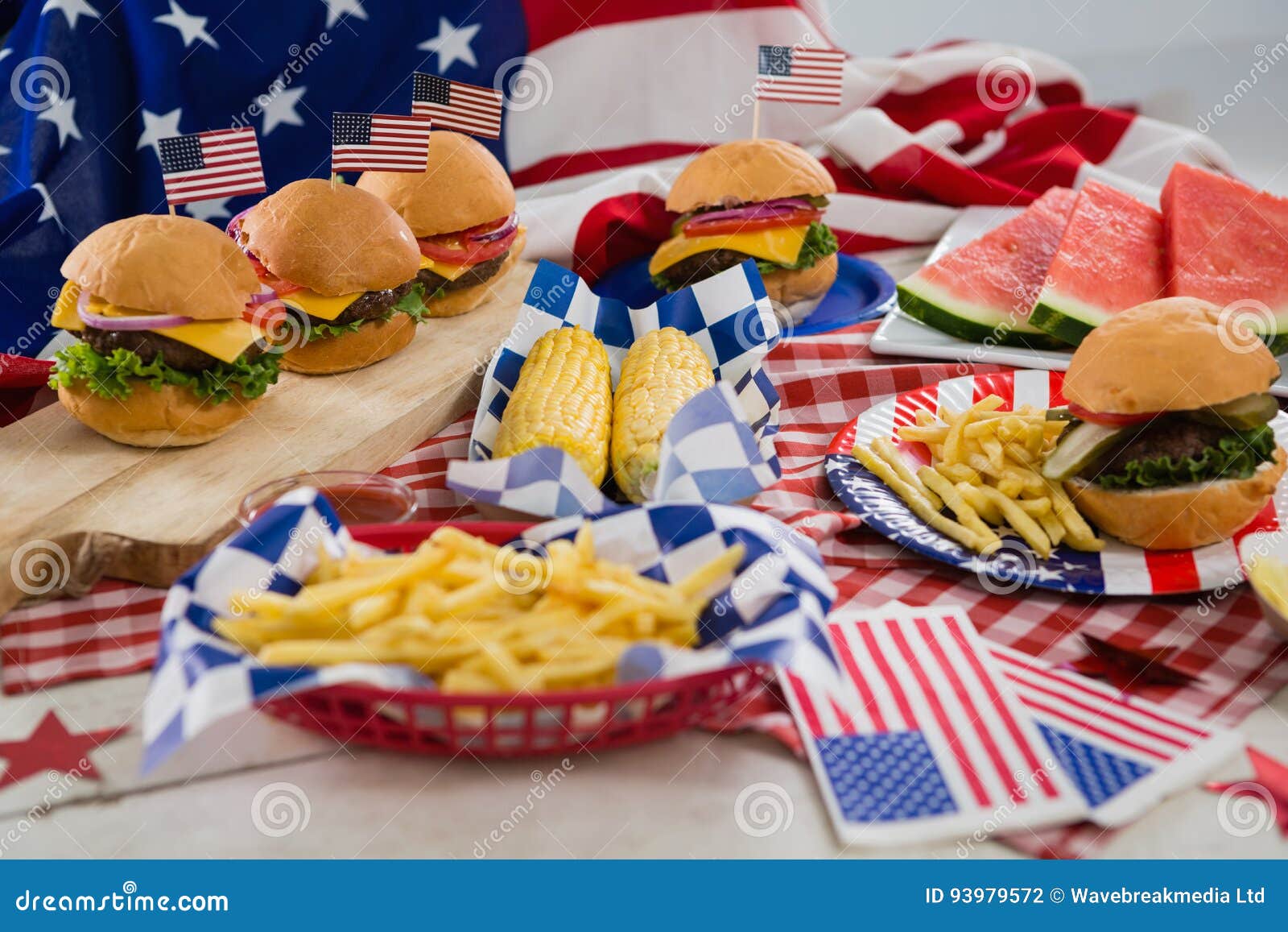 Breakfast and American Flag on Tablecloth Stock Photo - Image of food ...