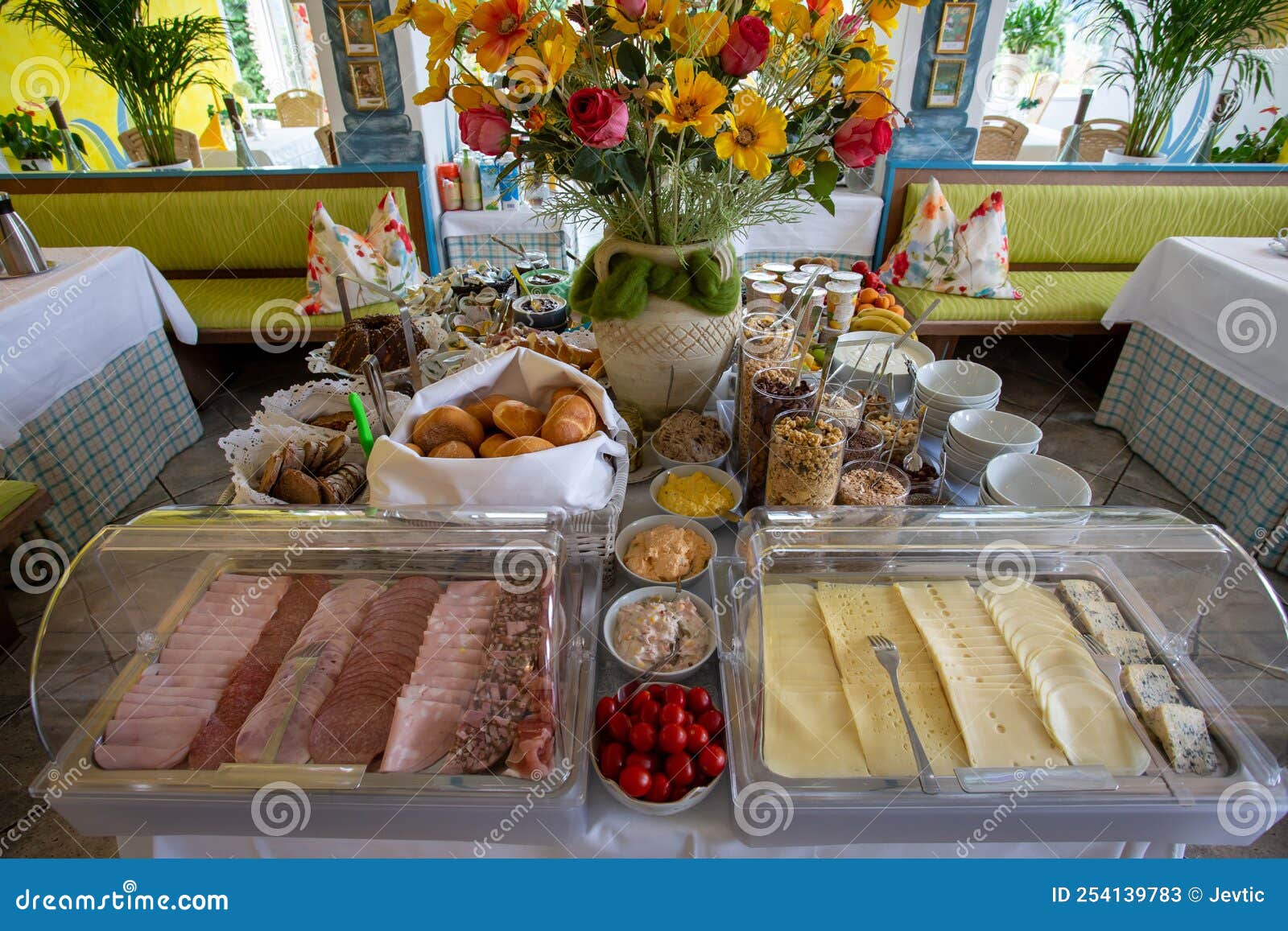 Breakfast Arrangement with Various Food on Table Stock Image - Image of ...