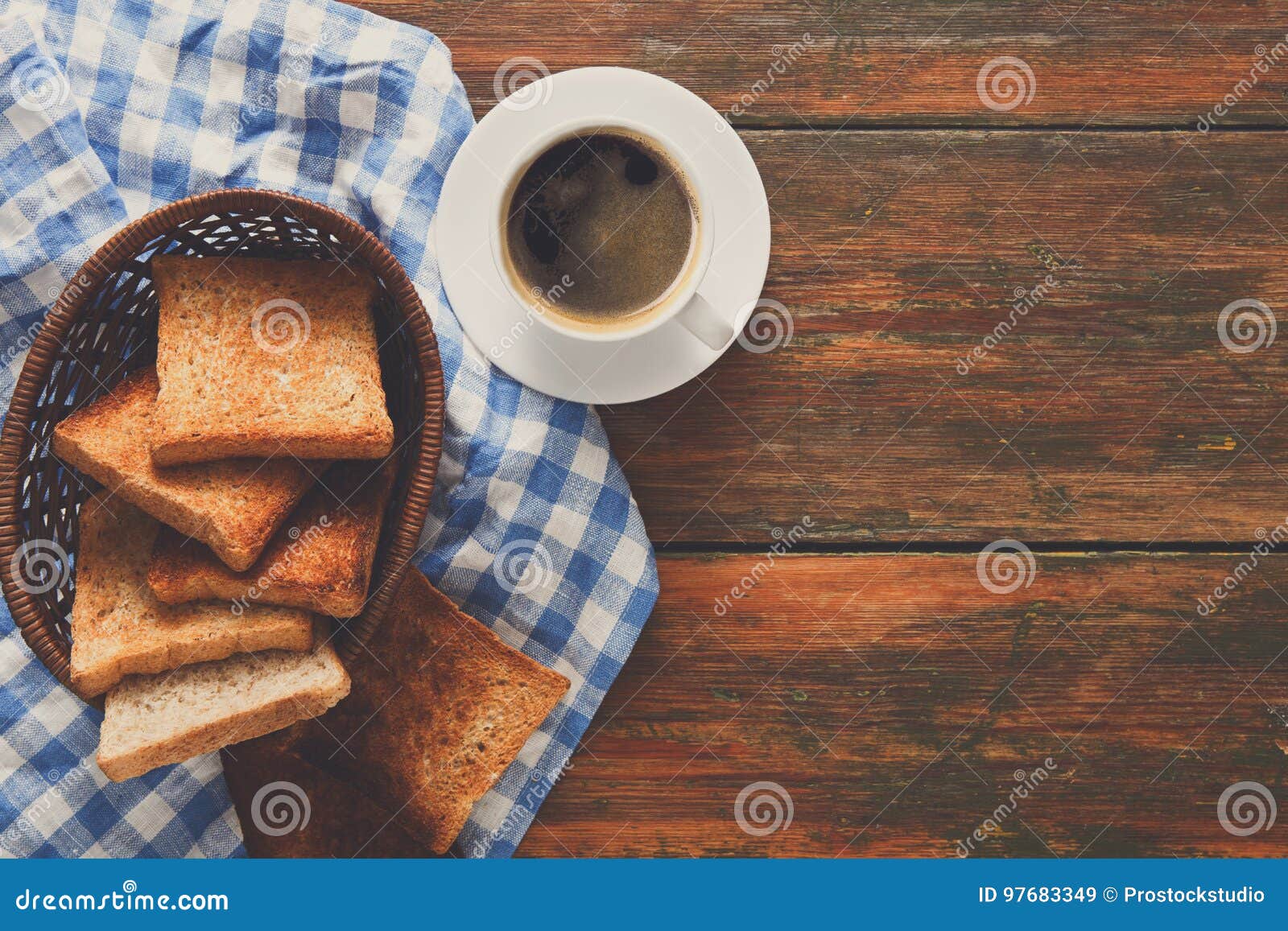 Breakfast Background, Toast and Coffee on Rustic Wood, Top View Stock ...