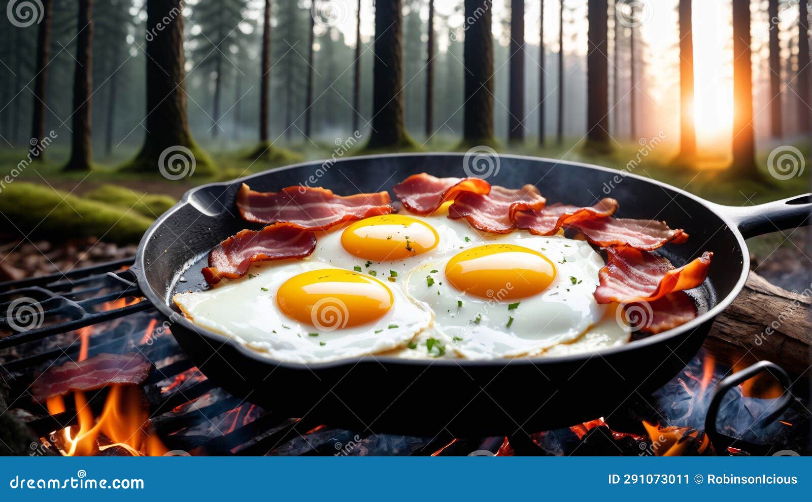 Breakfast of Barbecue and Eggs in Iron Pan with Forest in Background ...