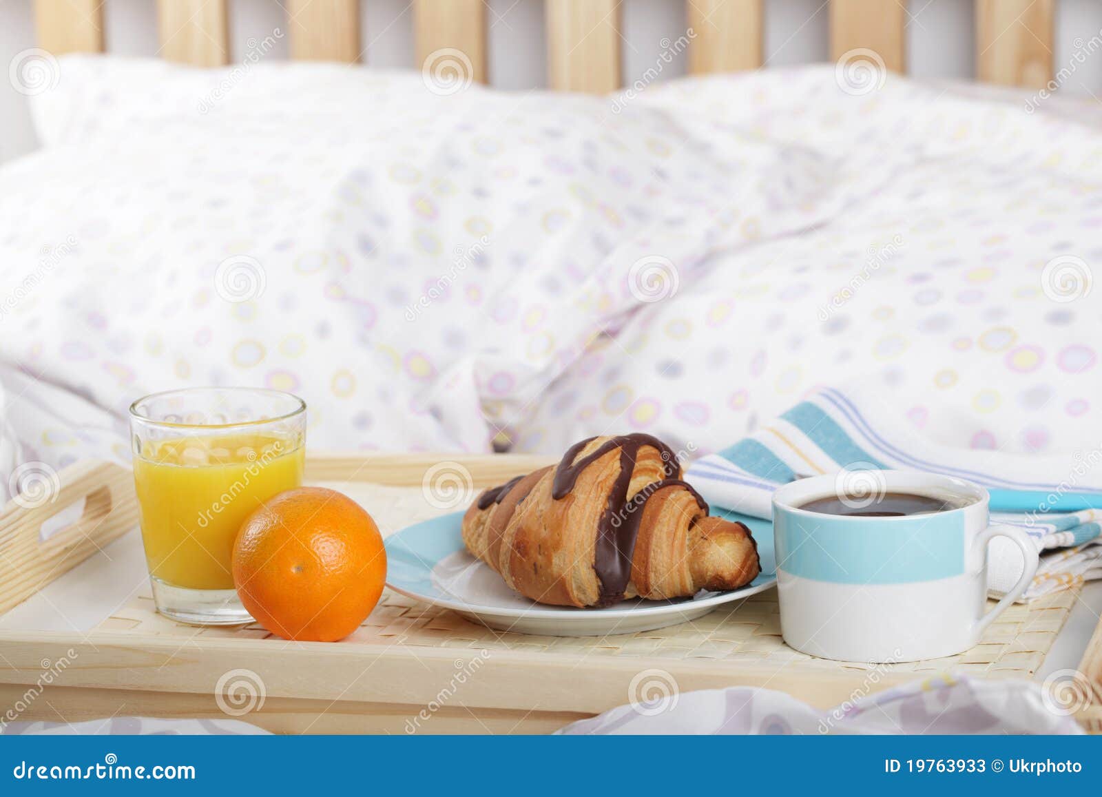 Breakfast on the bed stock image. Image of cyan, chocolate - 19763933